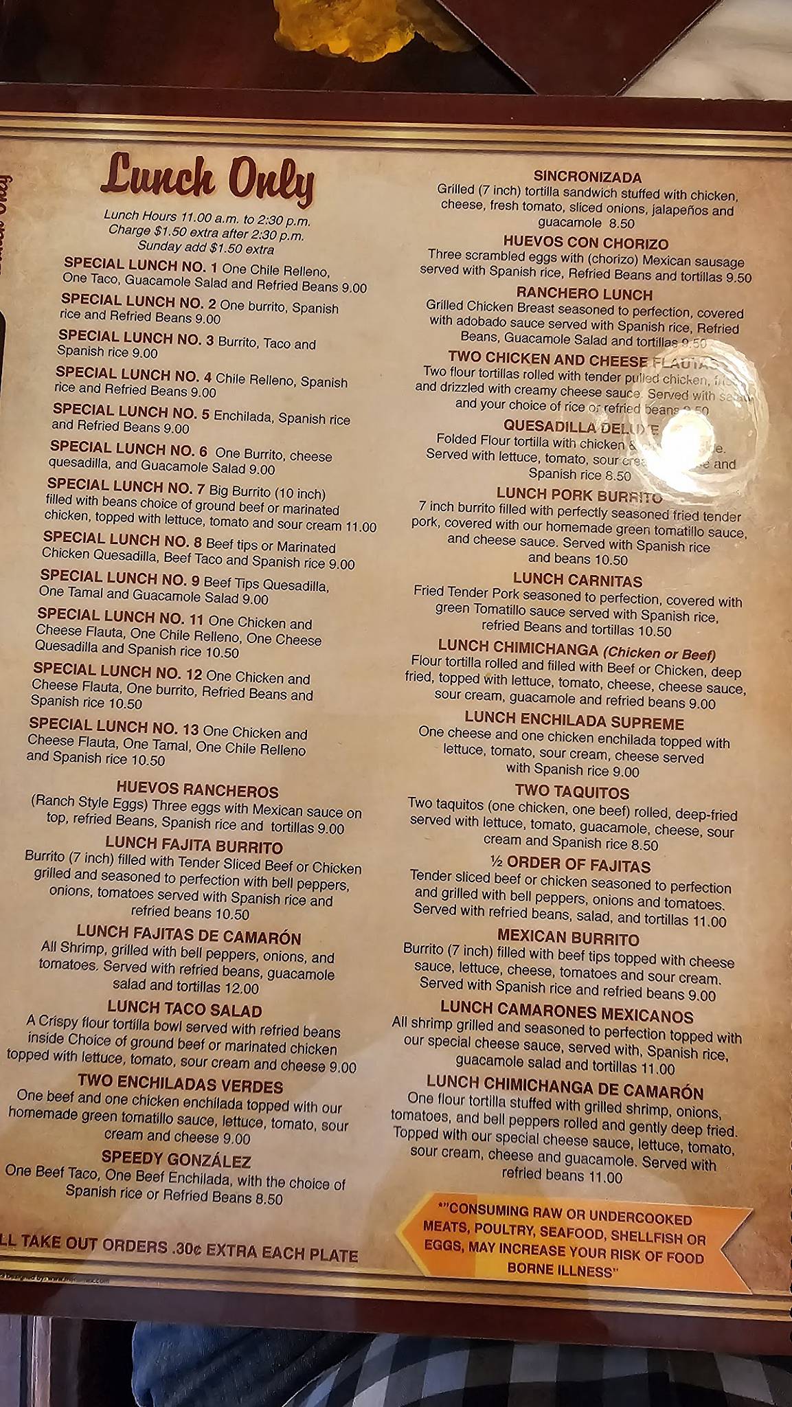 Menu at Luna Azteca restaurant, Johnstown
