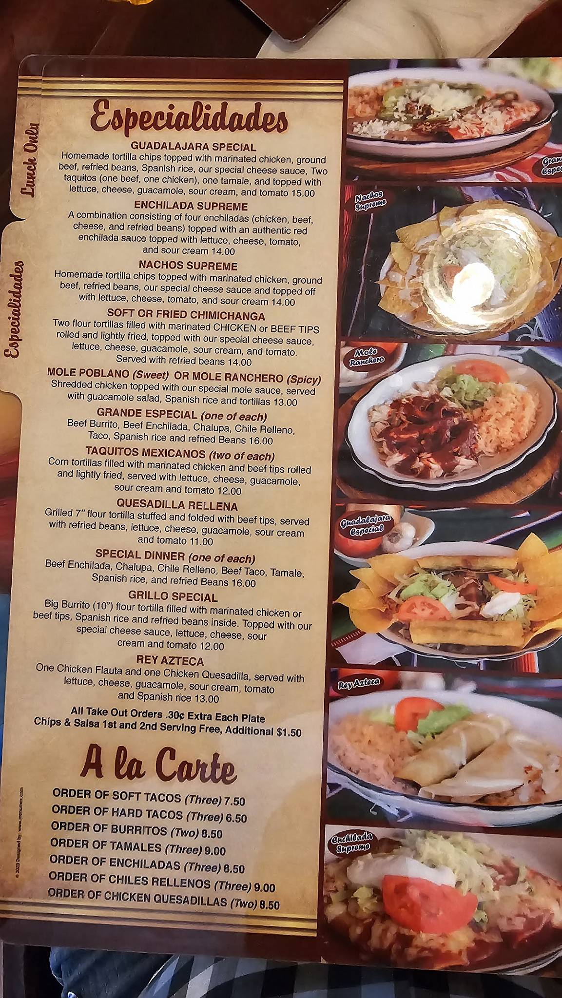 Menu at Luna Azteca restaurant, Johnstown