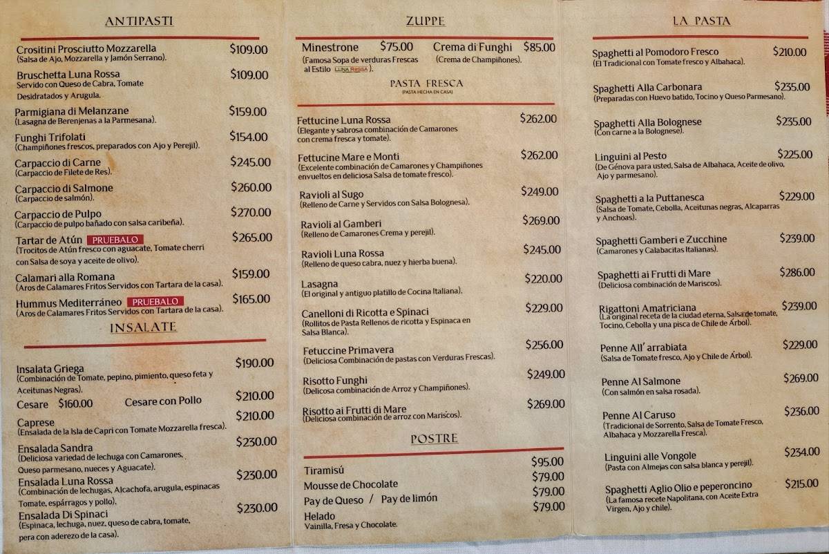 Carta del restaurante Luna Rossa Huayacan, Cancún