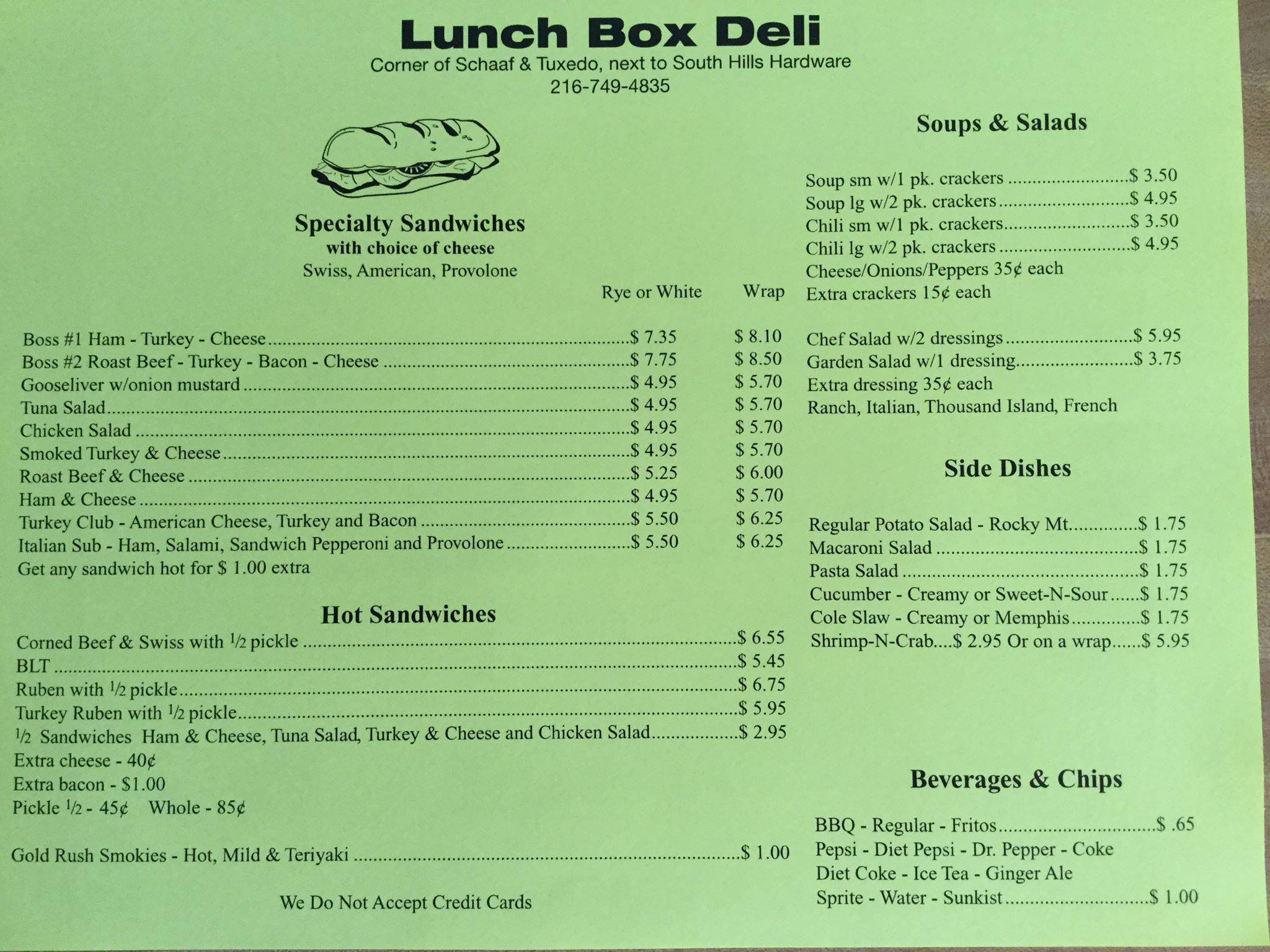 Menu at Lunch Box Deli restaurant, Cleveland, 223 W Schaaf Rd