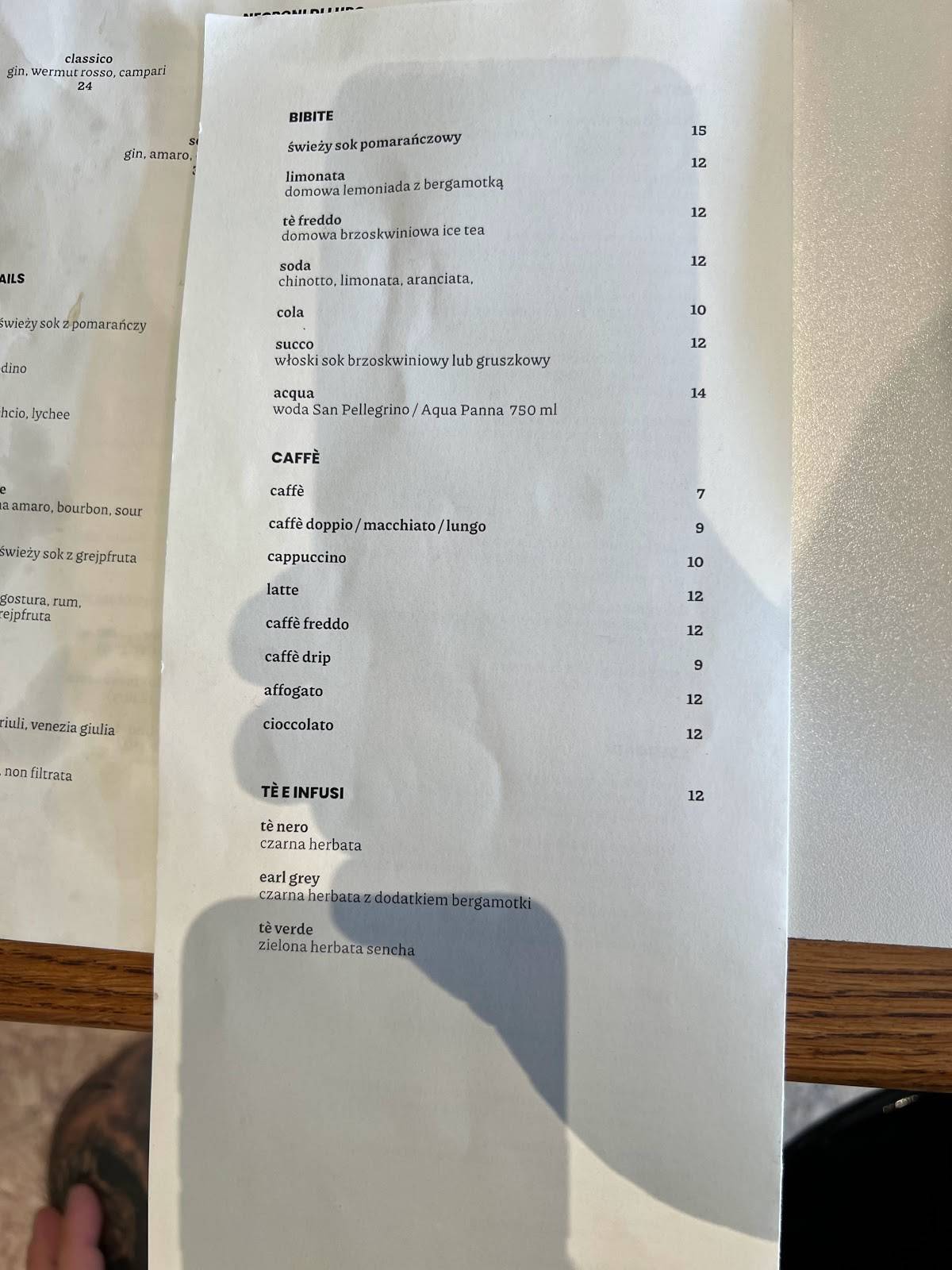 Menu at Lupo Pasta Fresca restaurant, Warsaw