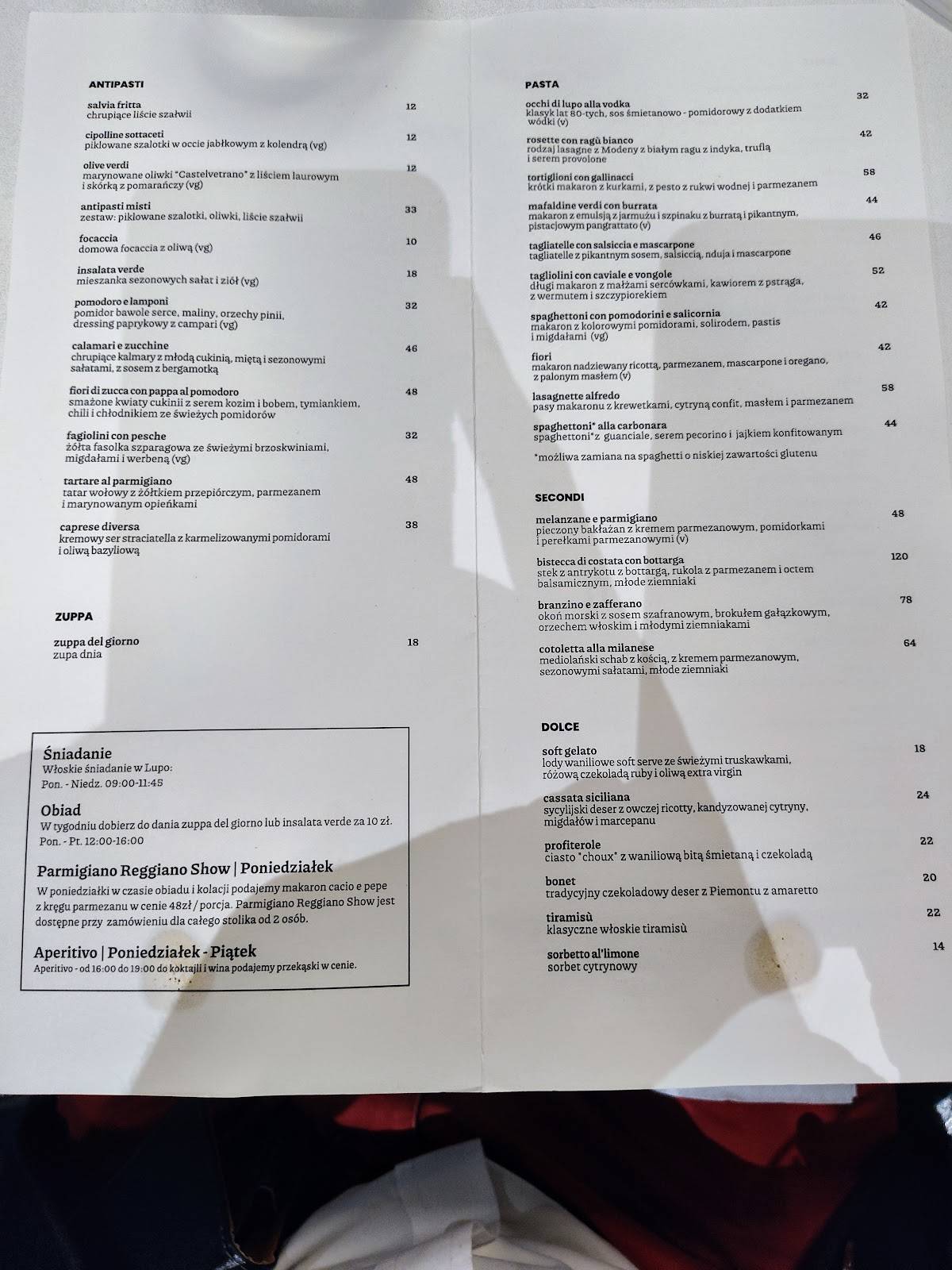 Menu at Lupo Pasta Fresca restaurant, Warsaw