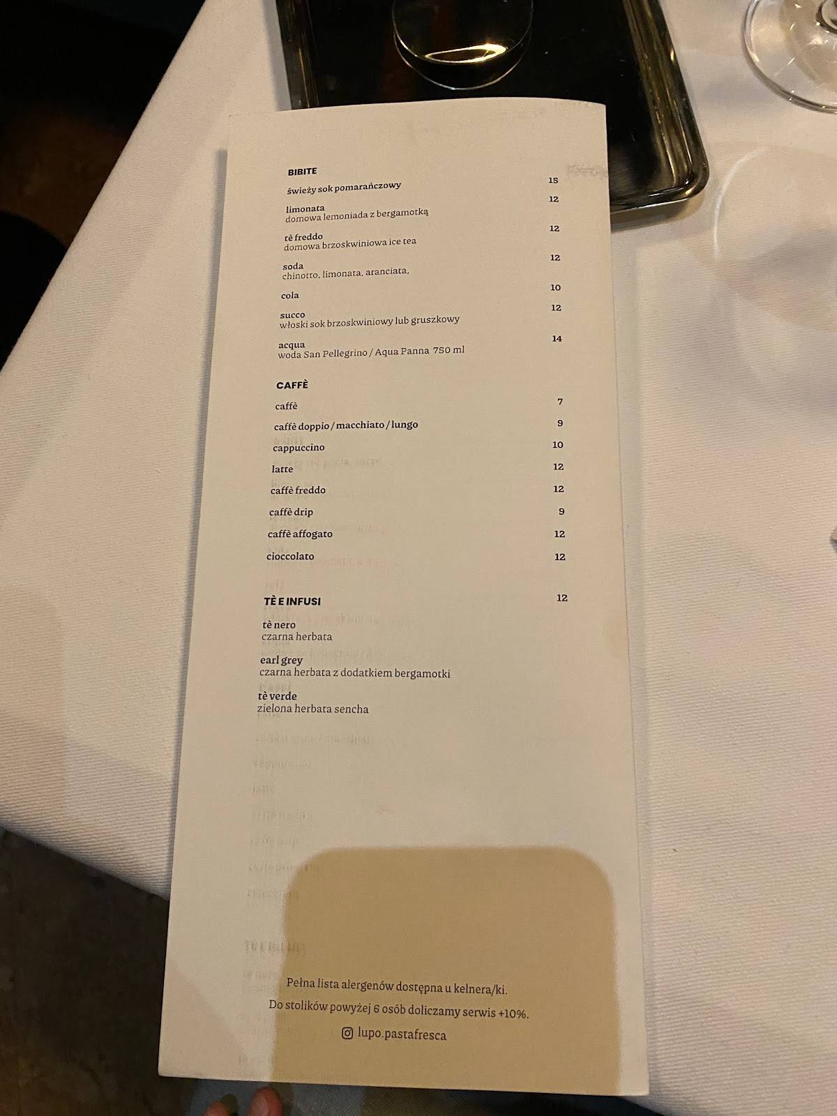 Menu at Lupo Pasta Fresca restaurant, Warsaw