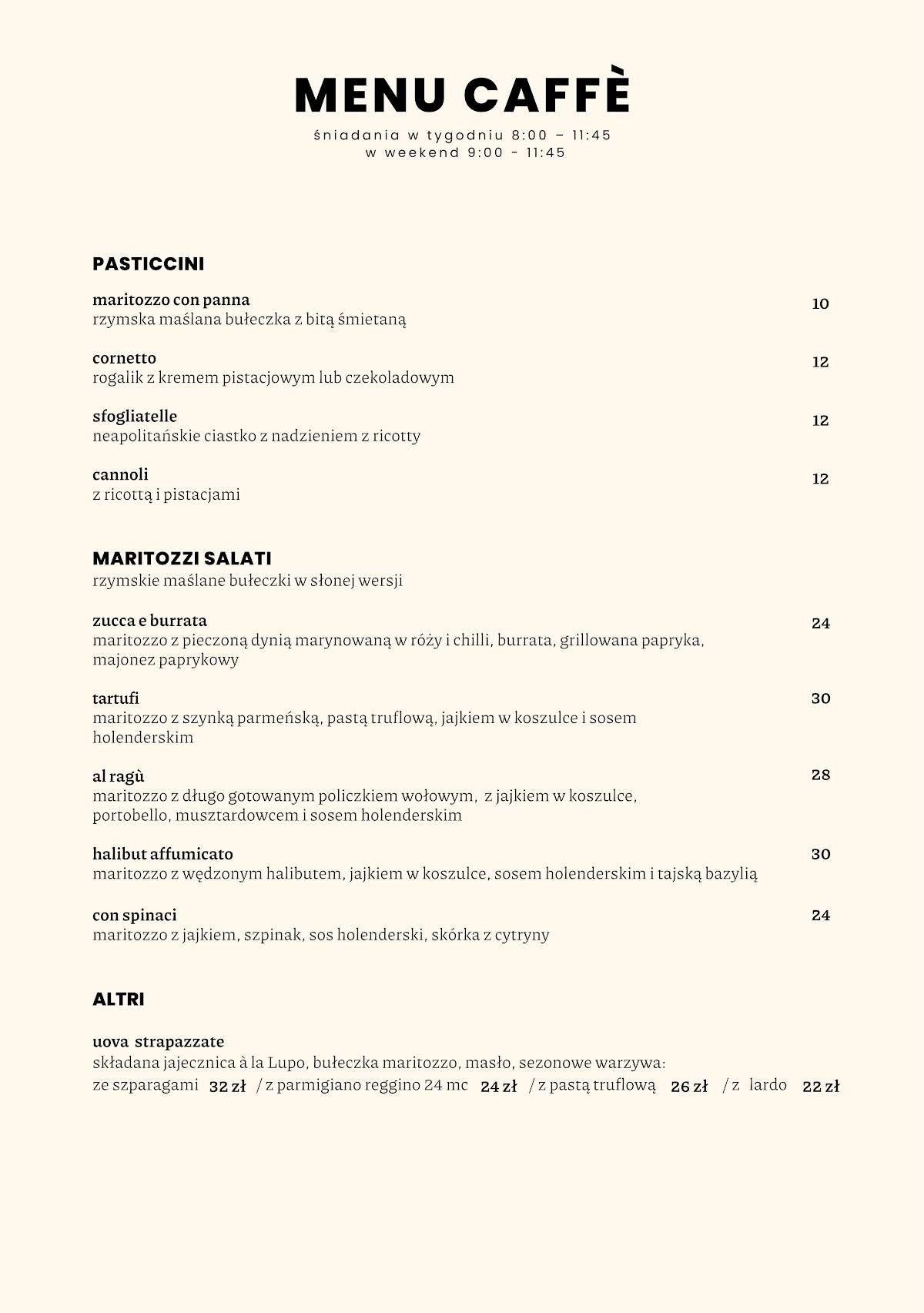 Menu at Lupo Pasta Fresca restaurant, Warsaw