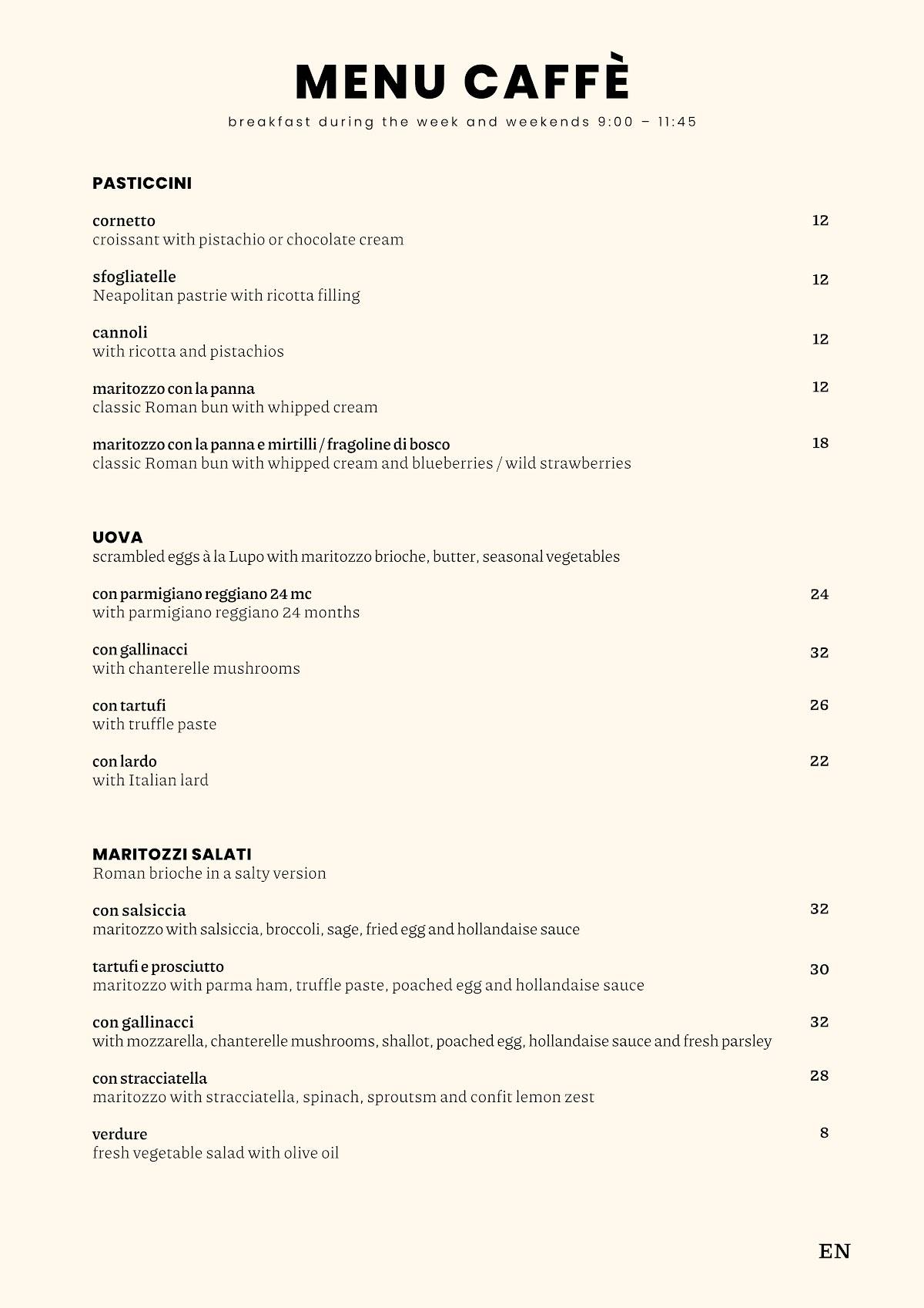 Menu at Lupo Pasta Fresca restaurant, Warsaw