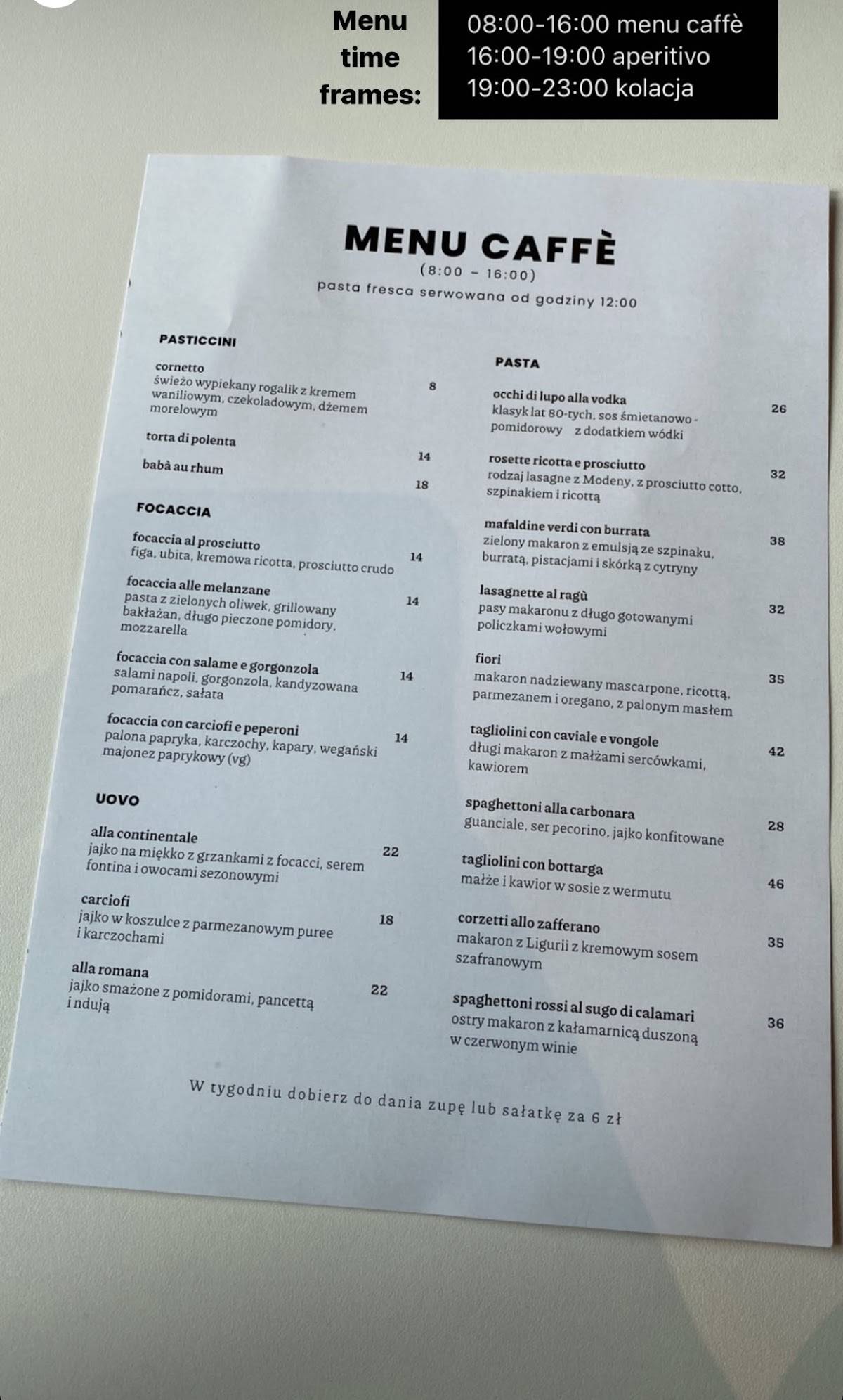 Menu at Lupo Pasta Fresca restaurant, Warsaw