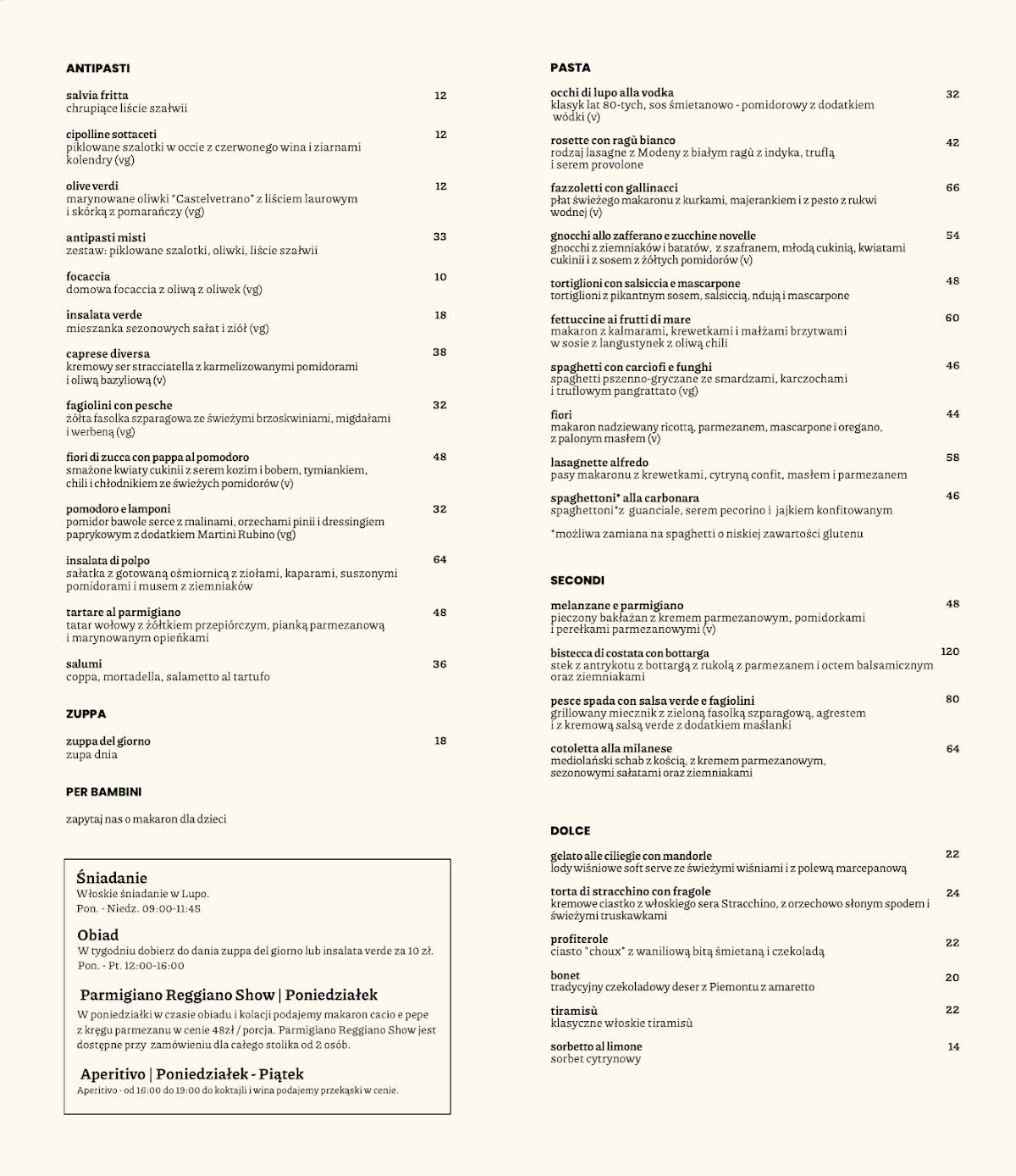 Menu at Lupo Pasta Fresca restaurant, Warsaw