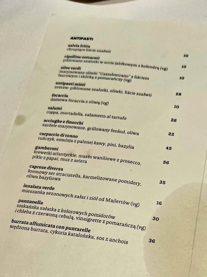 Menu at Lupo Pasta Fresca restaurant, Warsaw