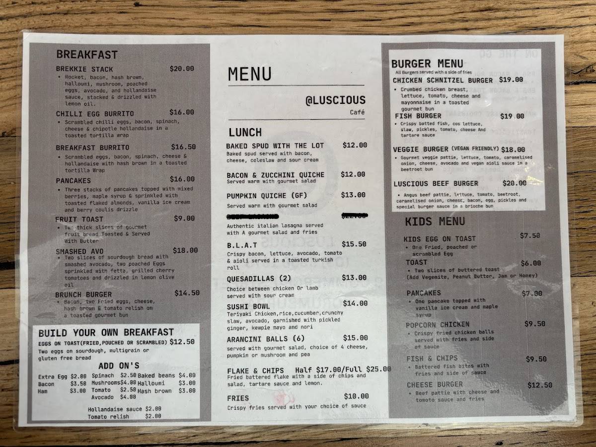 Menu at @Luscious Cafe & Bar, Korumburra