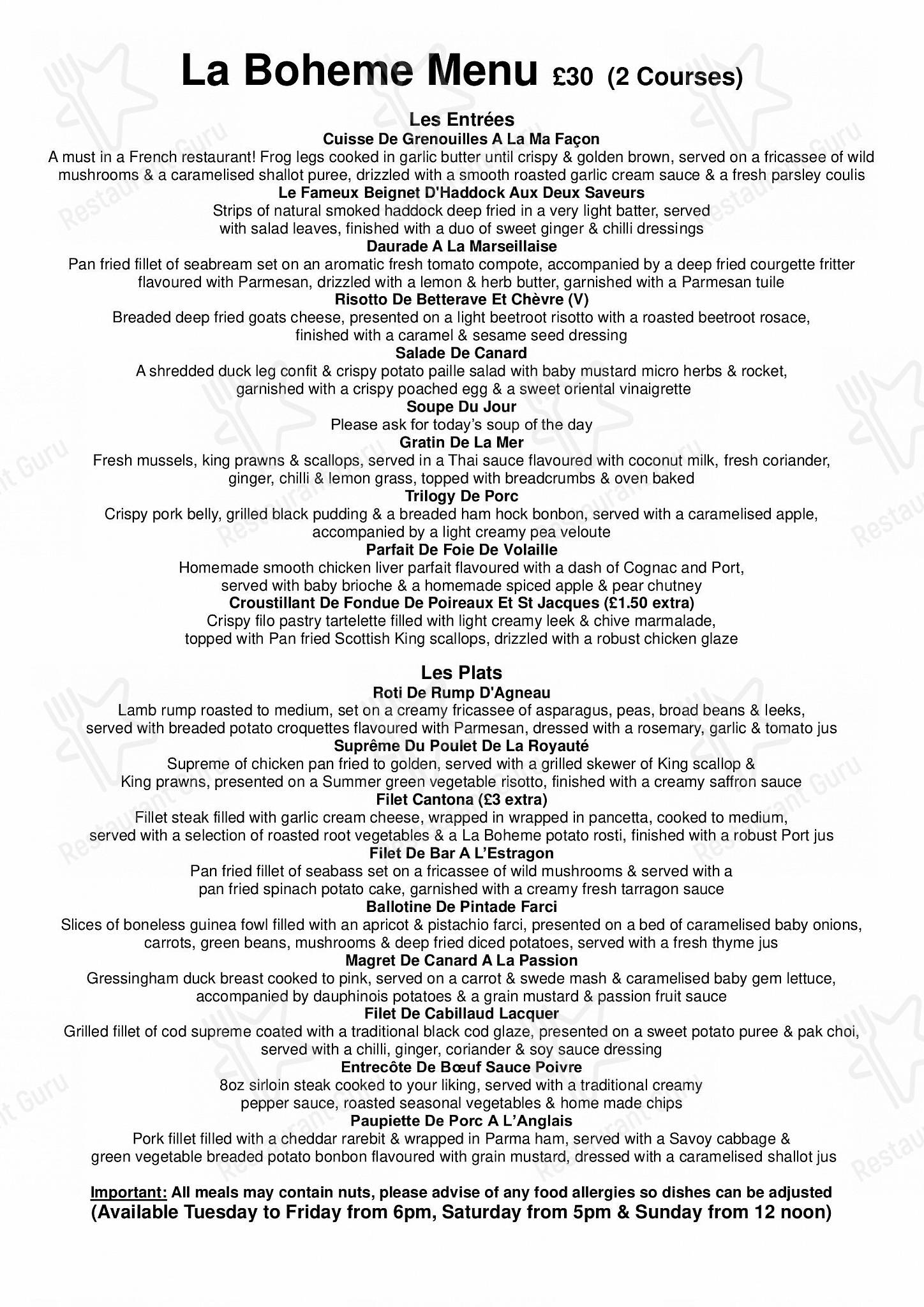 Menu at La Boheme restaurant, Lymm