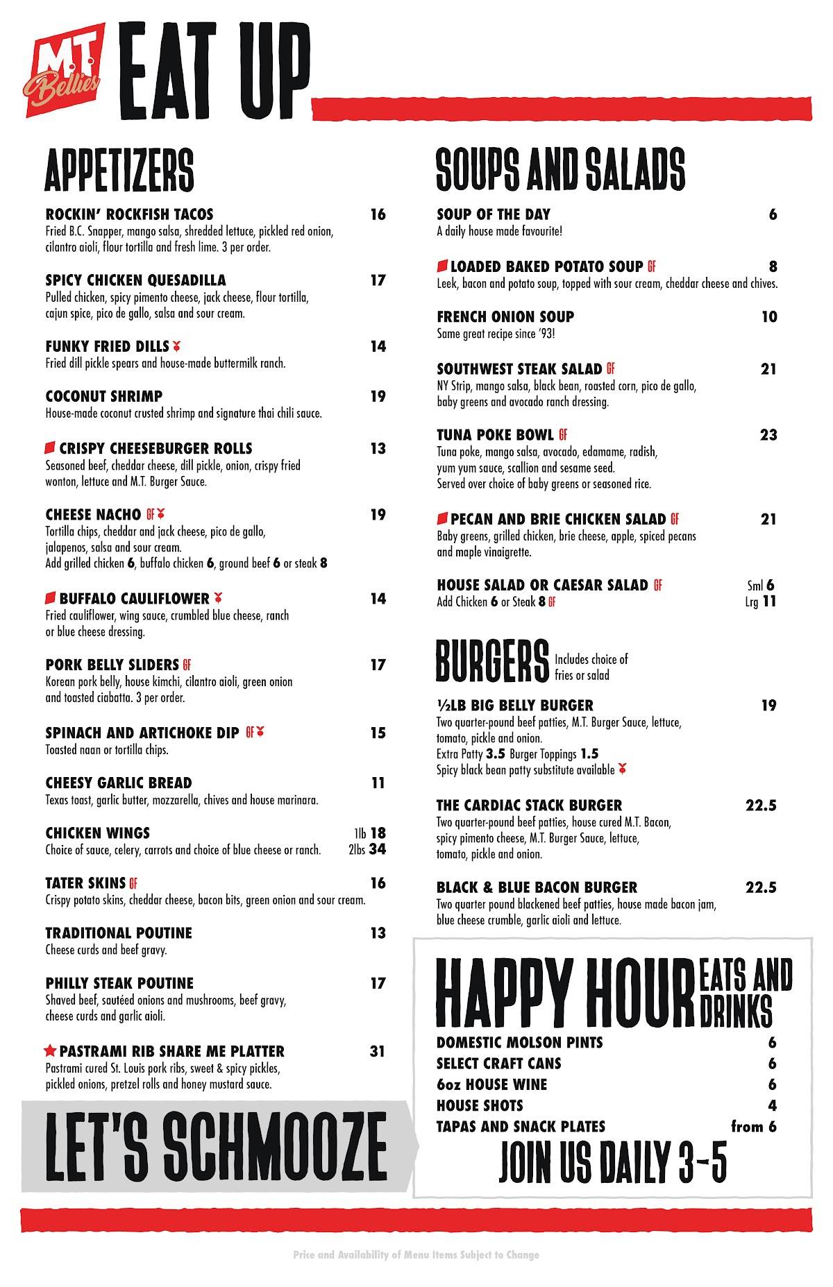 Menu at M.T. Bellies restaurant, Welland