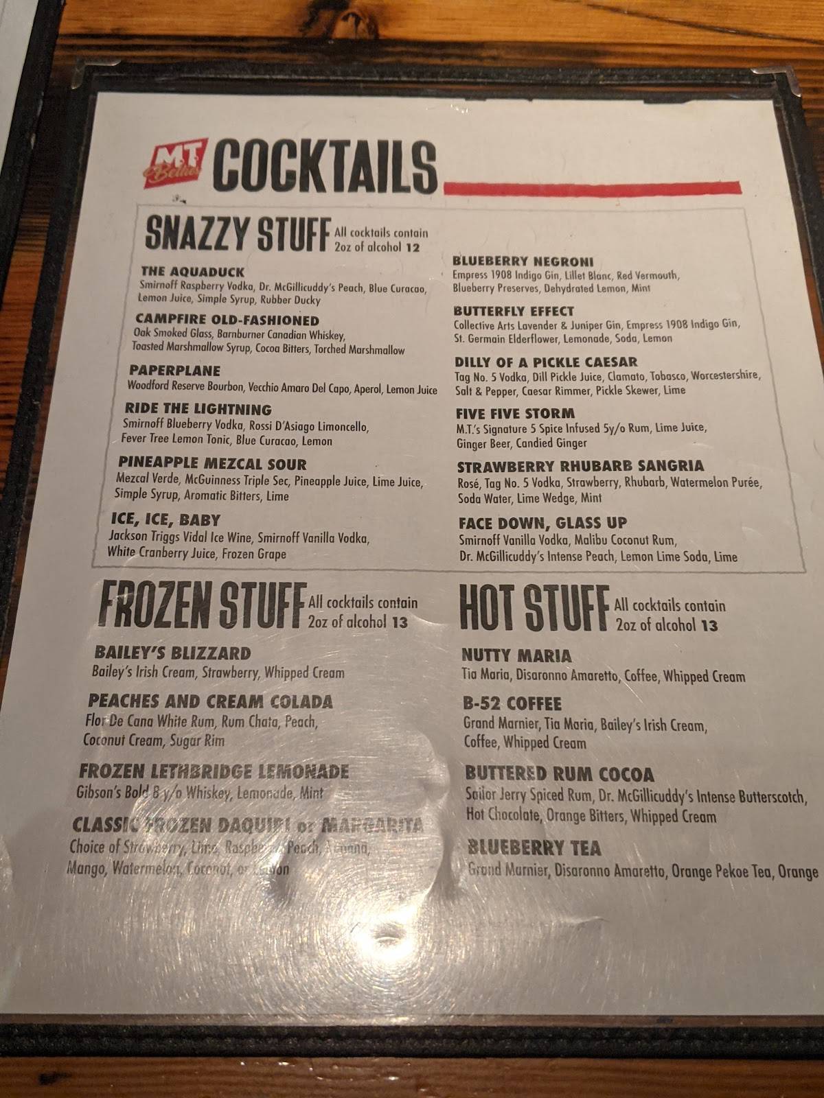 Menu at M.T. Bellies restaurant, Welland