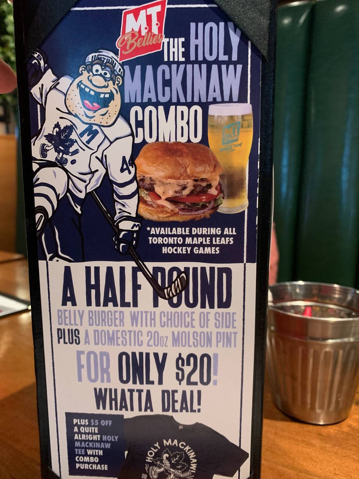 Menu at M.T. Bellies restaurant, Welland
