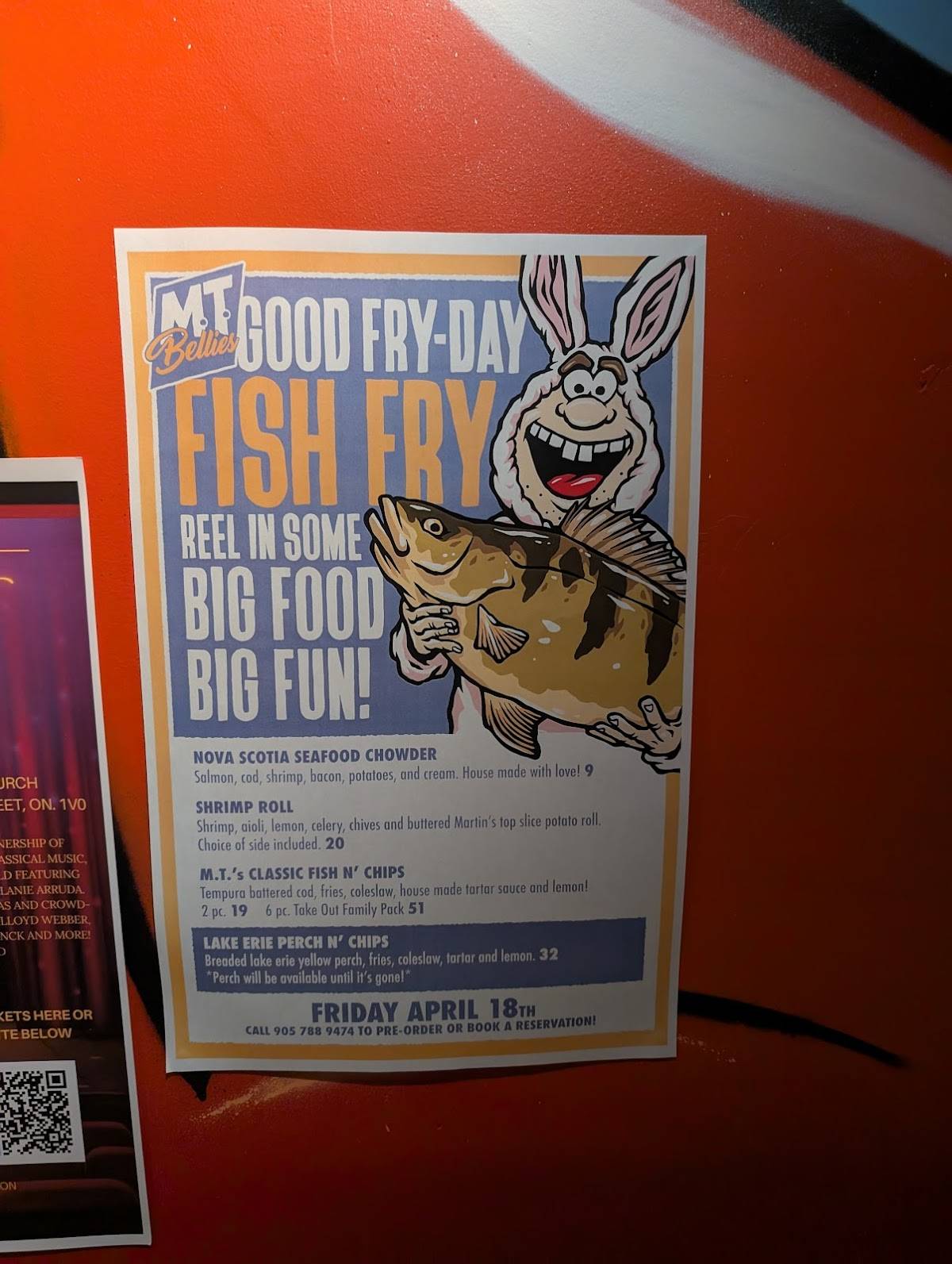 Menu at M.T. Bellies restaurant, Welland