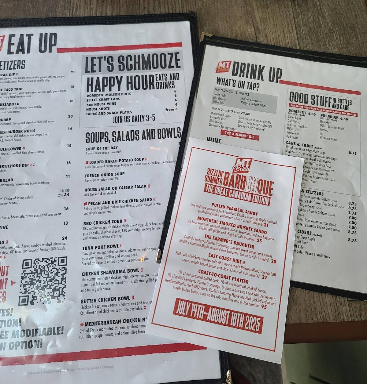 Menu at M.T. Bellies restaurant, Welland
