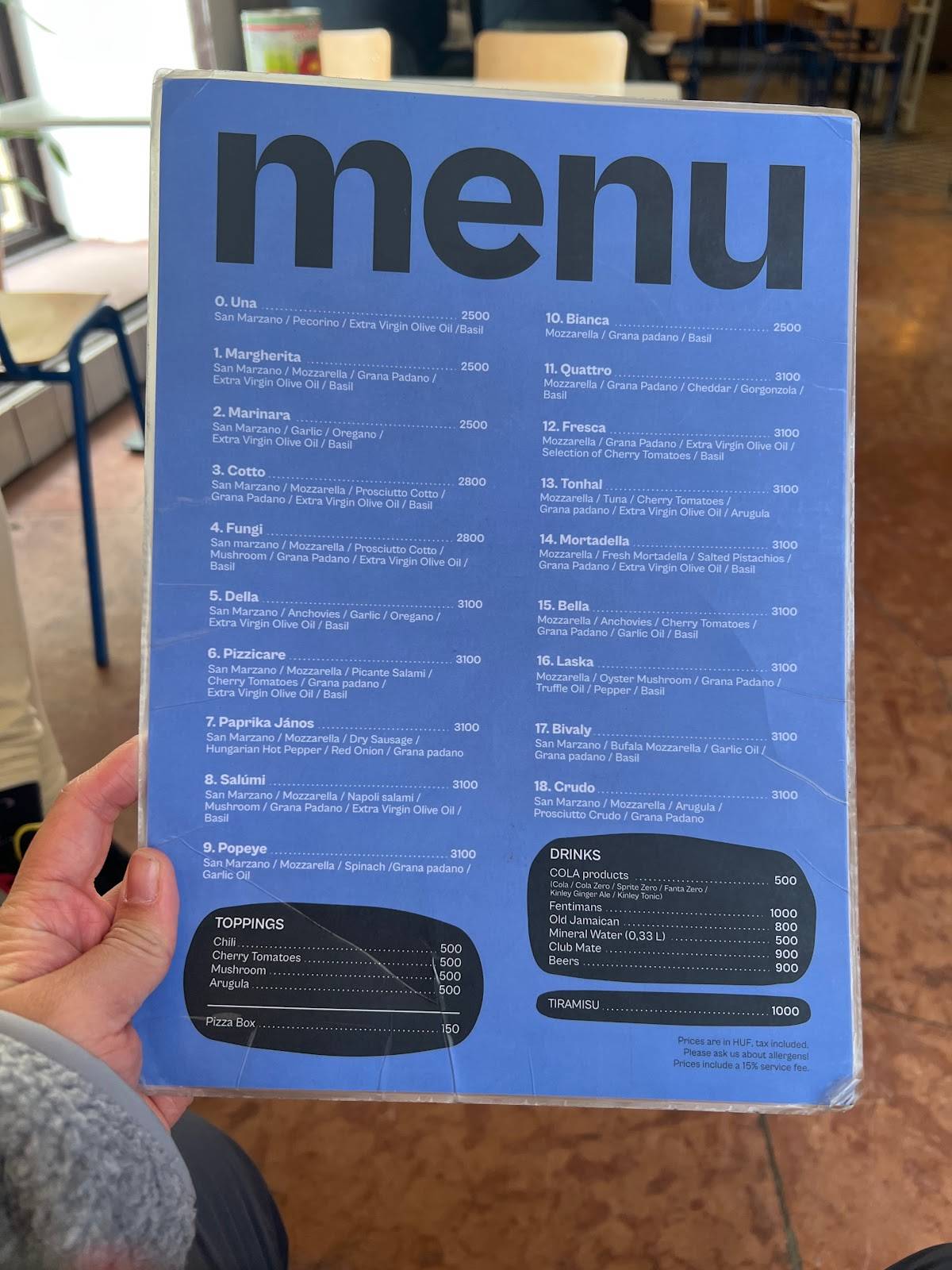 Menu at MANU+ restaurant, Budapest