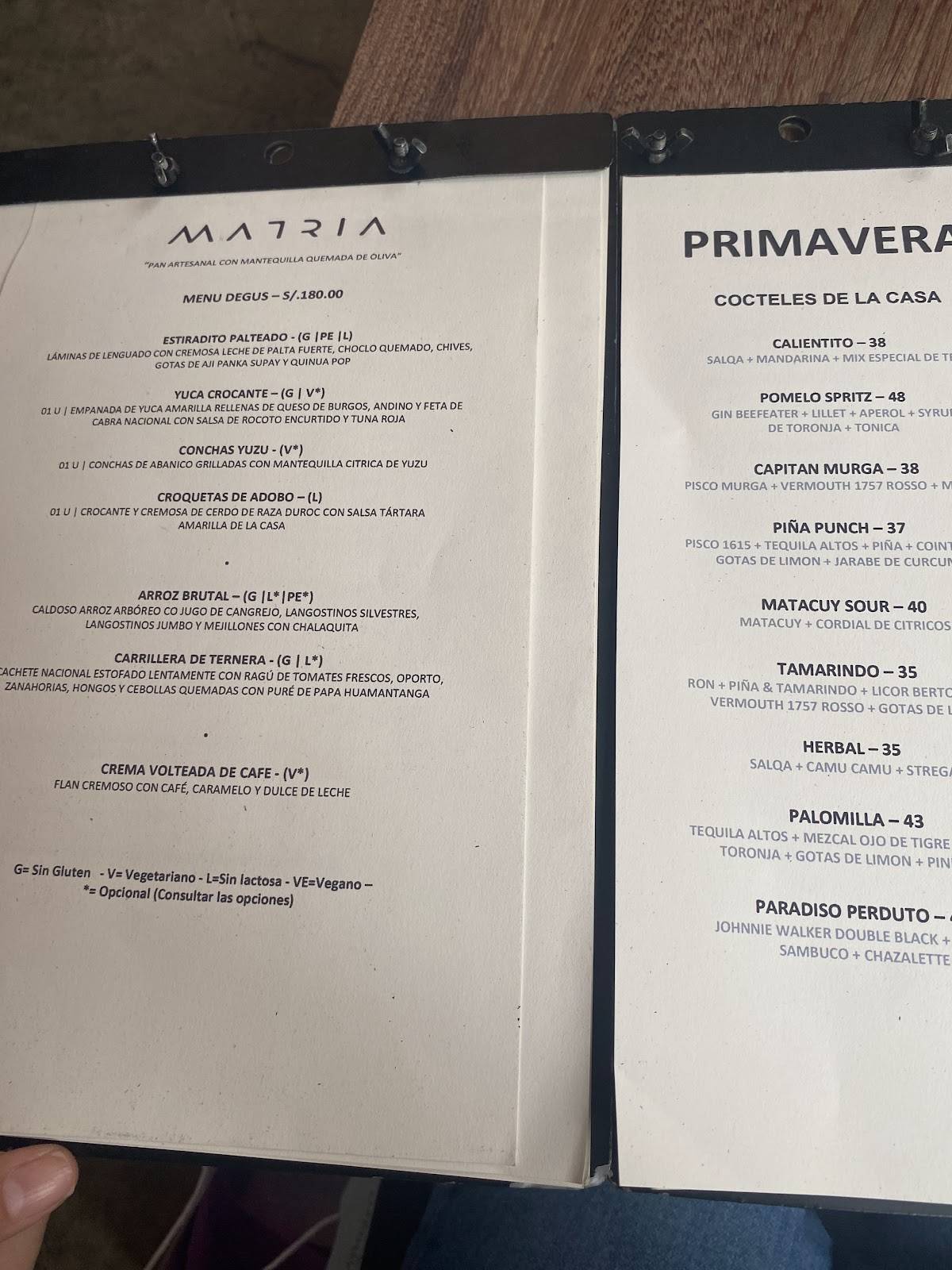 Carta de MATRIA RESTAURANTE, Lima, Av. Gral. Mendiburu 823