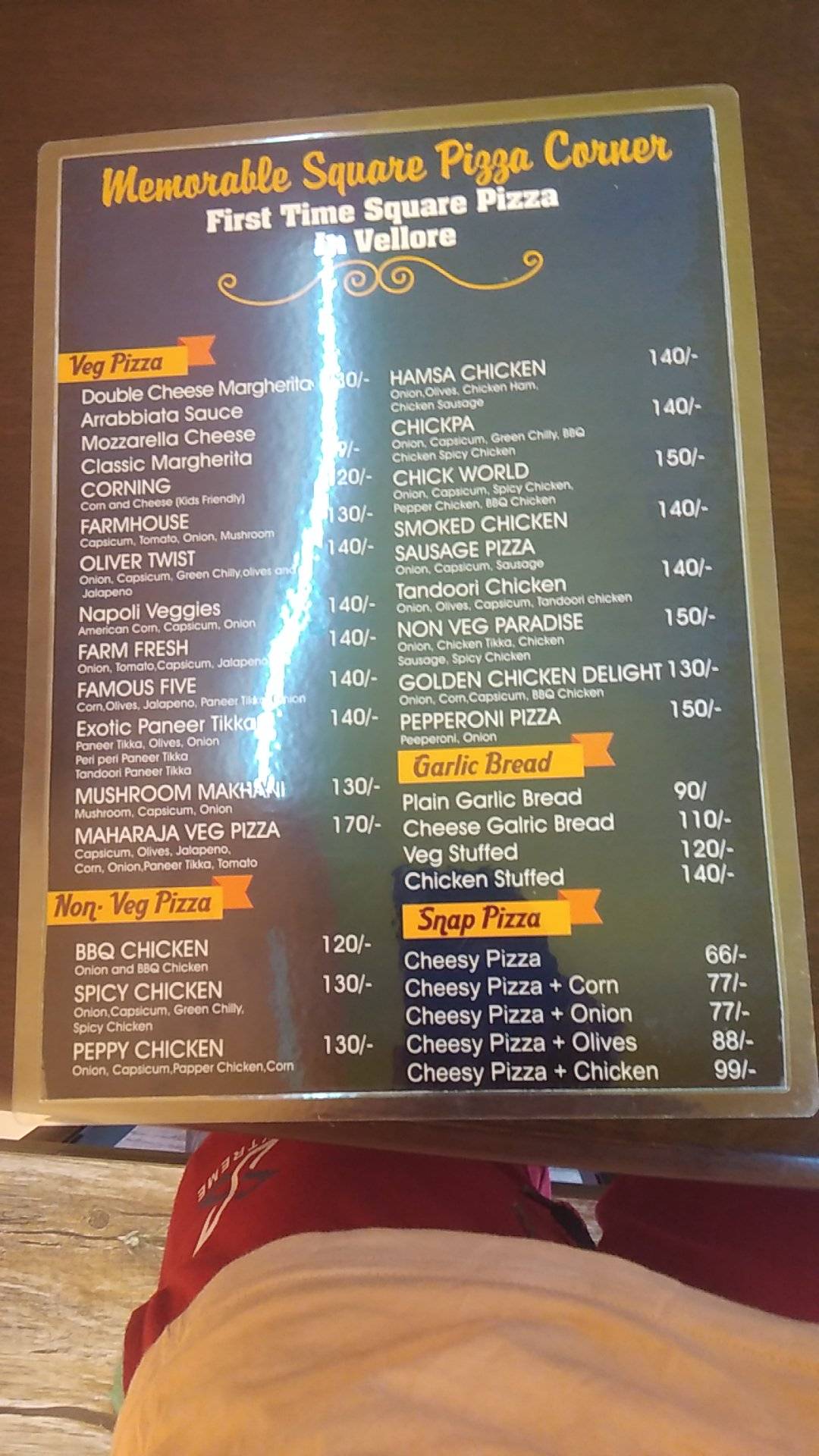 Menu at MEMORABLE SQUARE PIZZA CORNER, Vellore