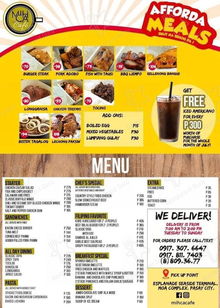 Menu at MIHCA Cafe, Pasay