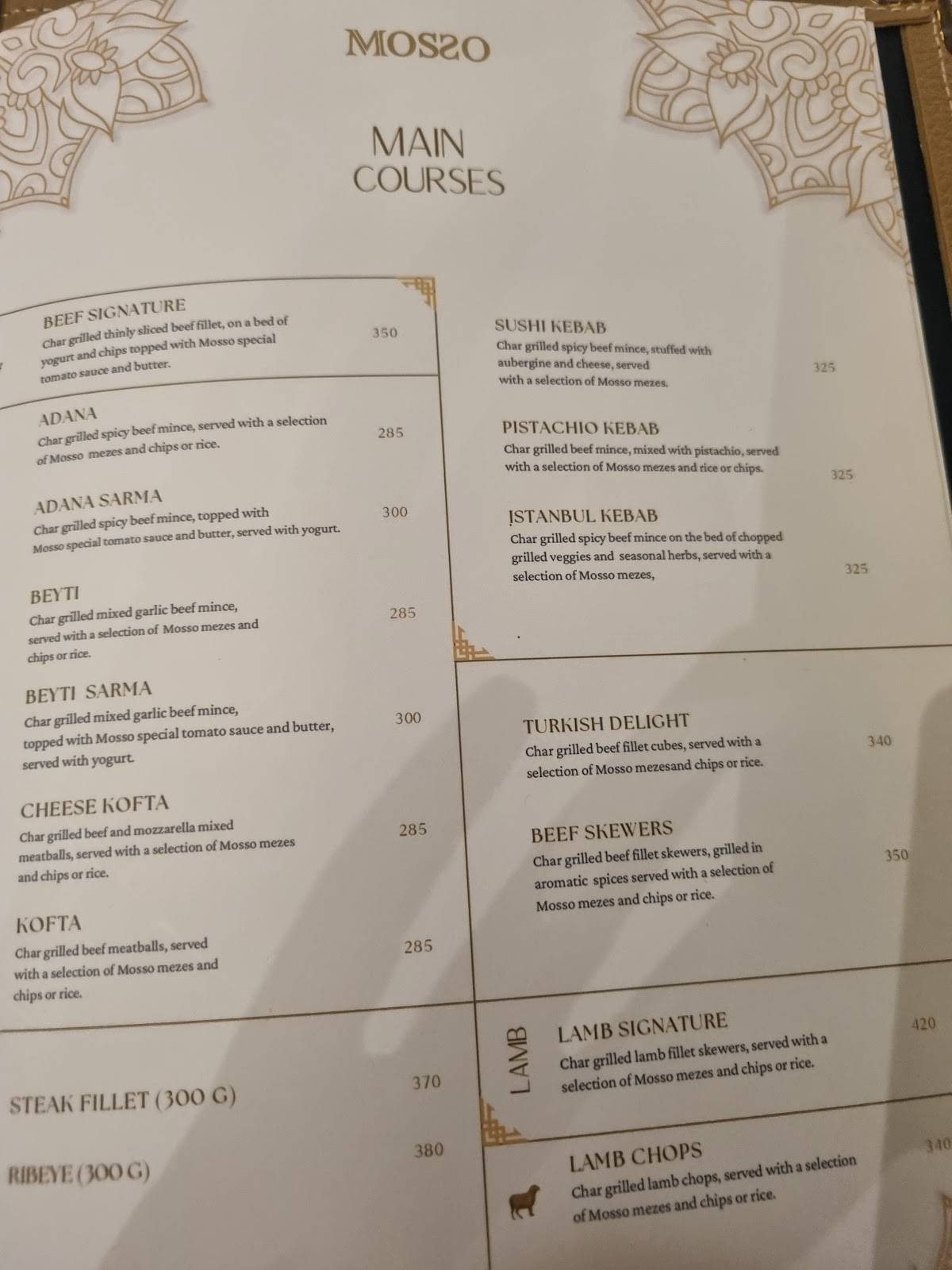 Menu at MOSSO SAVOUR TURKISH LUXURY restaurant, Johannesburg