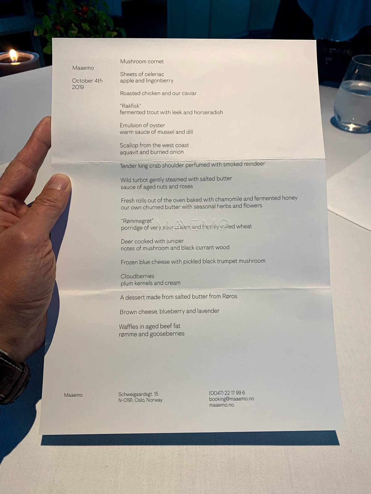 Menu at Maaemo restaurant, Oslo