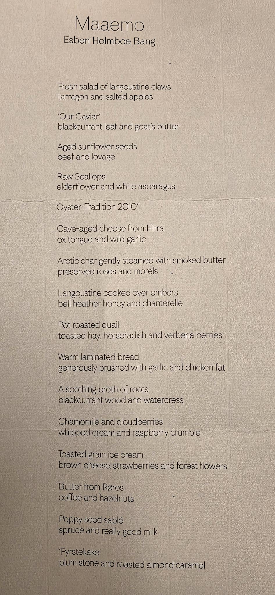 Menu at Maaemo restaurant, Oslo