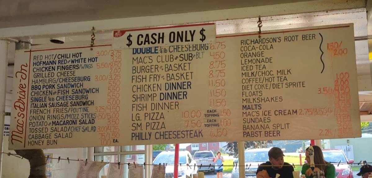 Menu at Mac's Drive-In restaurant, Waterloo