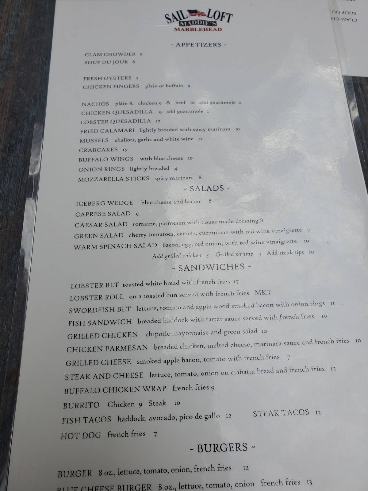 Menu at Maddie's Sail Loft pub & bar, Marblehead