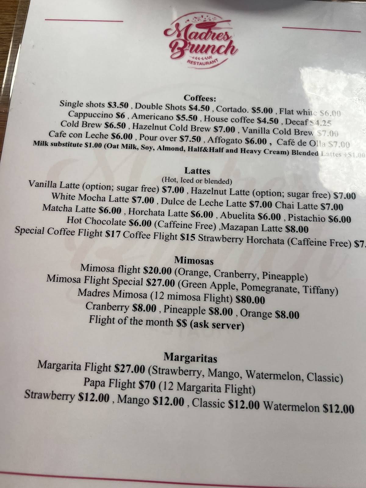 Menu at Madres Brunch restaurant, Whittier