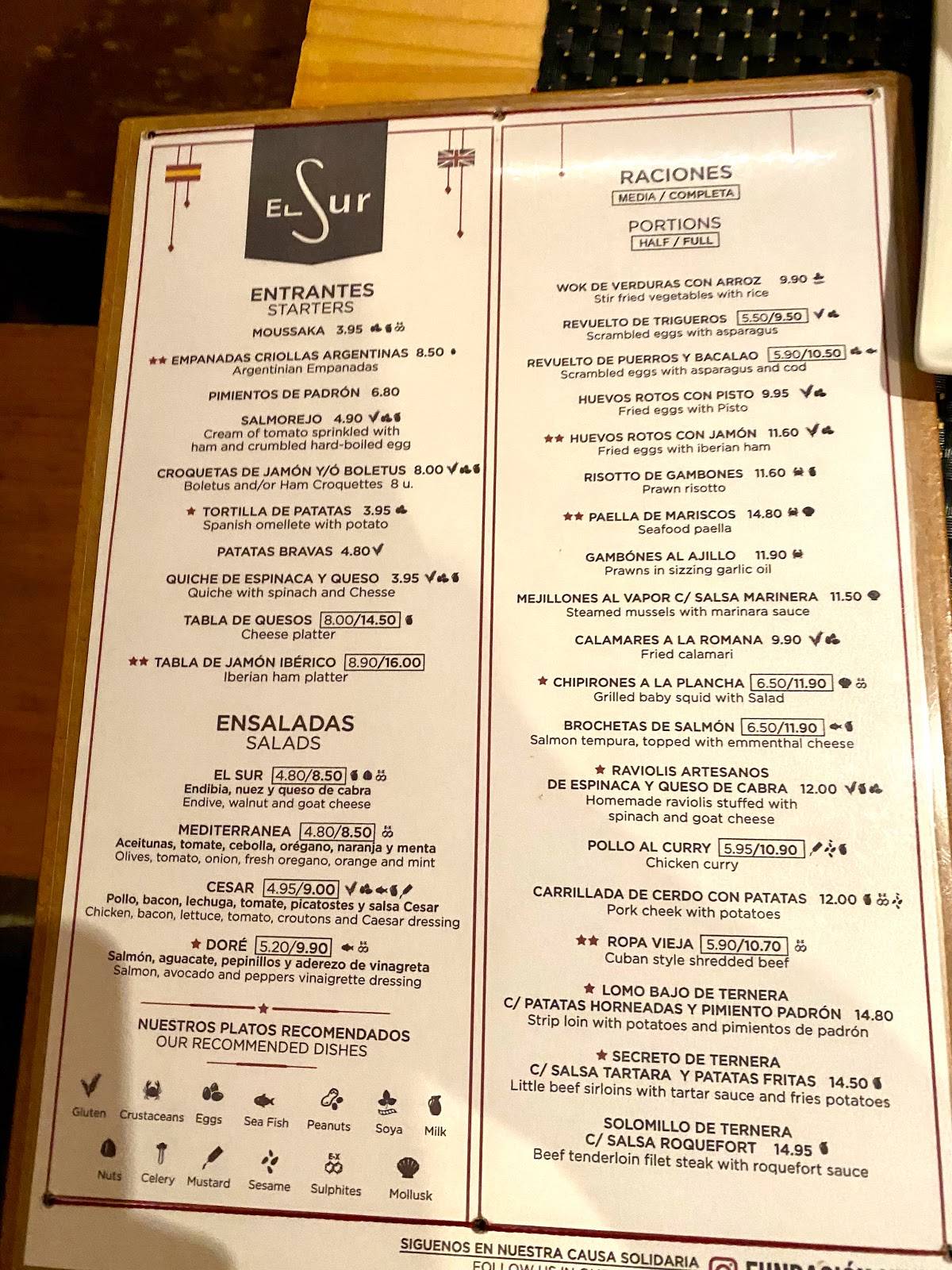 Menu at Taberna El Sur pub & bar, Madrid