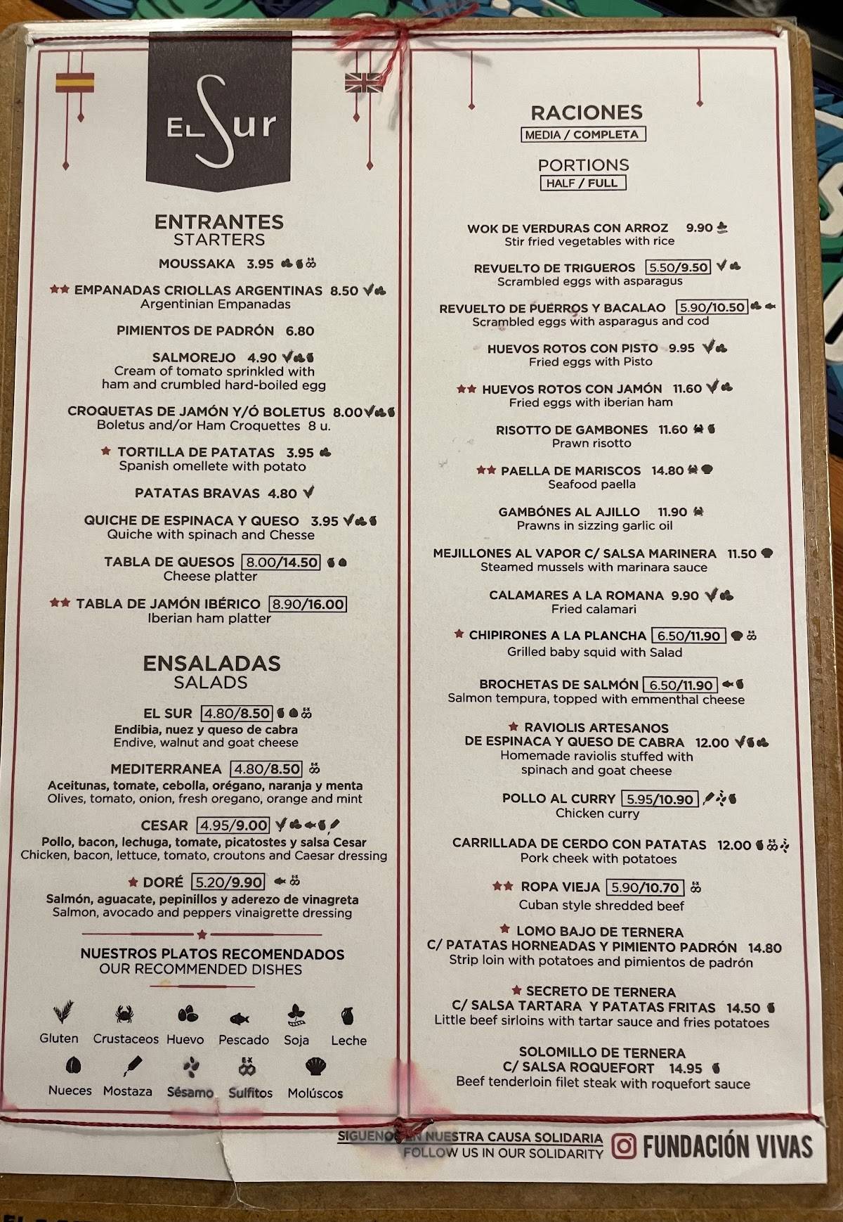 Menu at Taberna El Sur pub & bar, Madrid