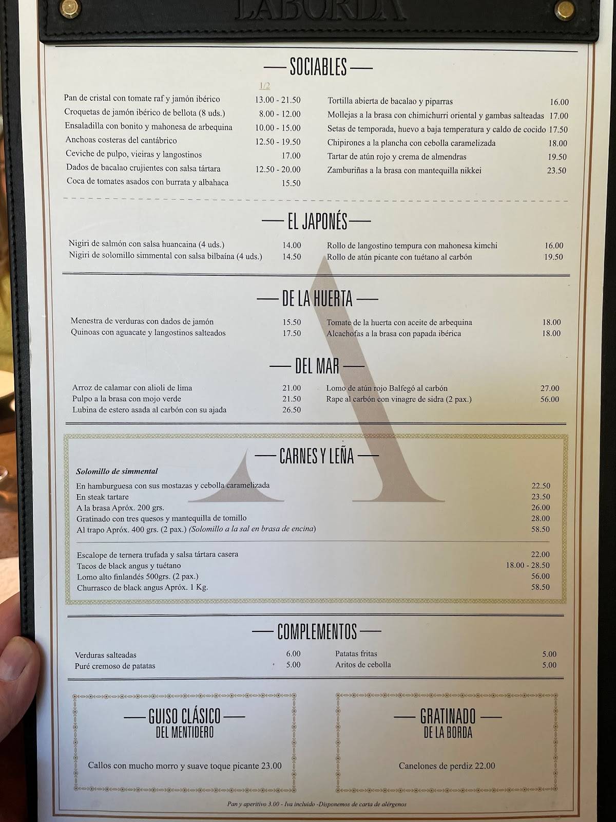 Carta de Restaurante La Borda del Mentidero, Madrid