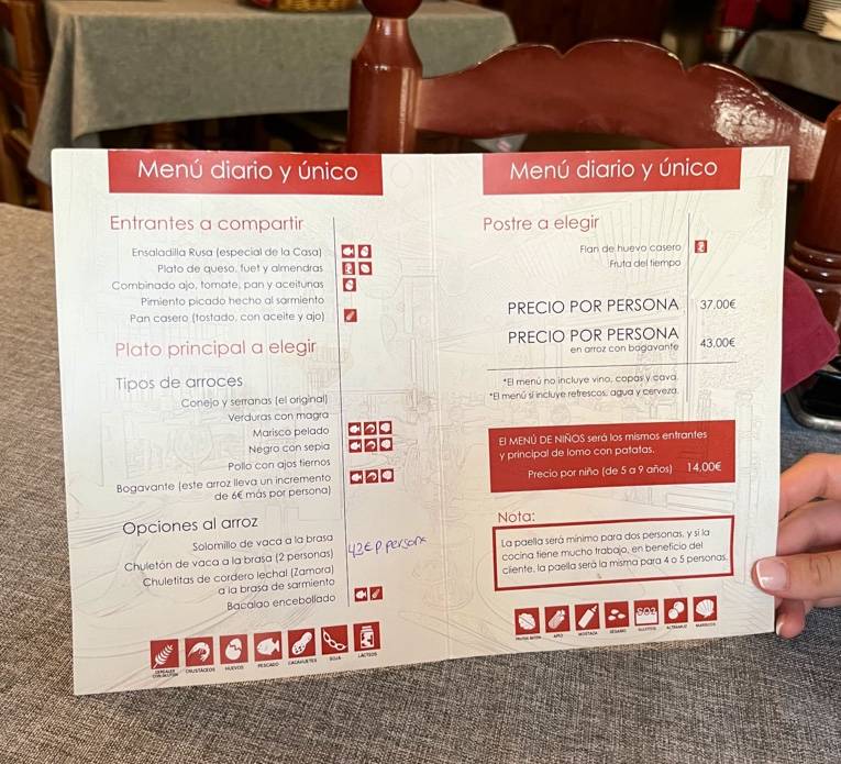 Carta del restaurante Los Arroces del Segis, Madrid