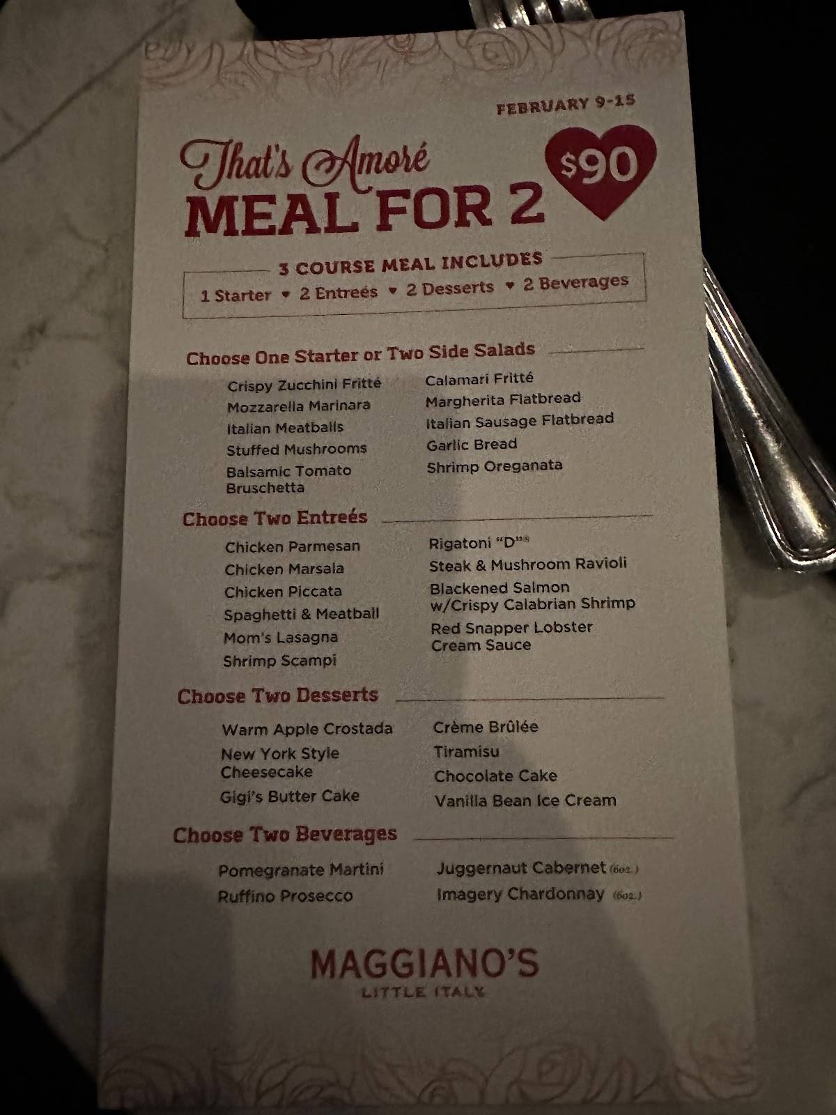 Menu at Maggiano's Little Italy pub & bar, Denver, Pavilions Mall