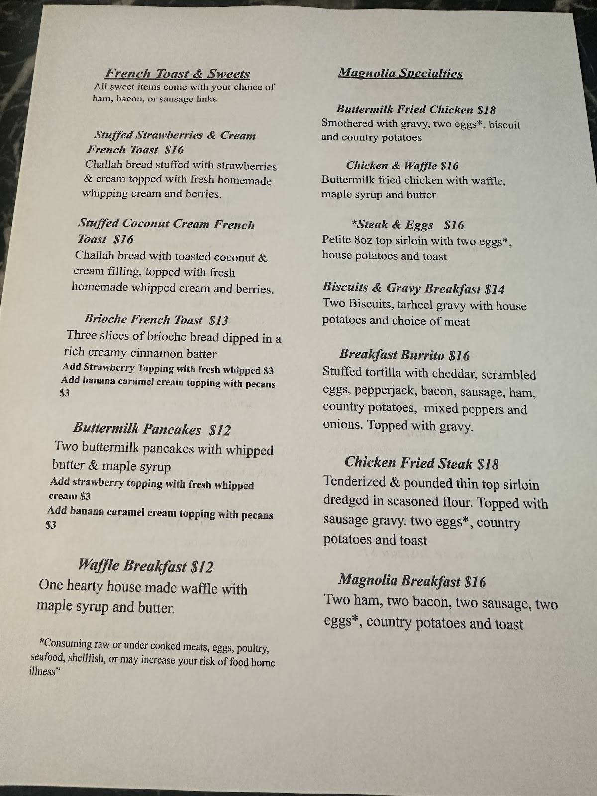 Menu at Magnolia restaurant, Sedro-Woolley