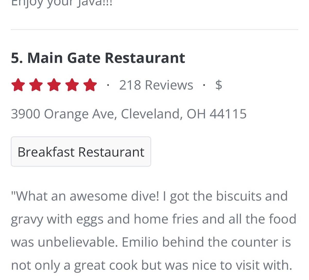 Menu at Main Gate Restaurant, Cleveland