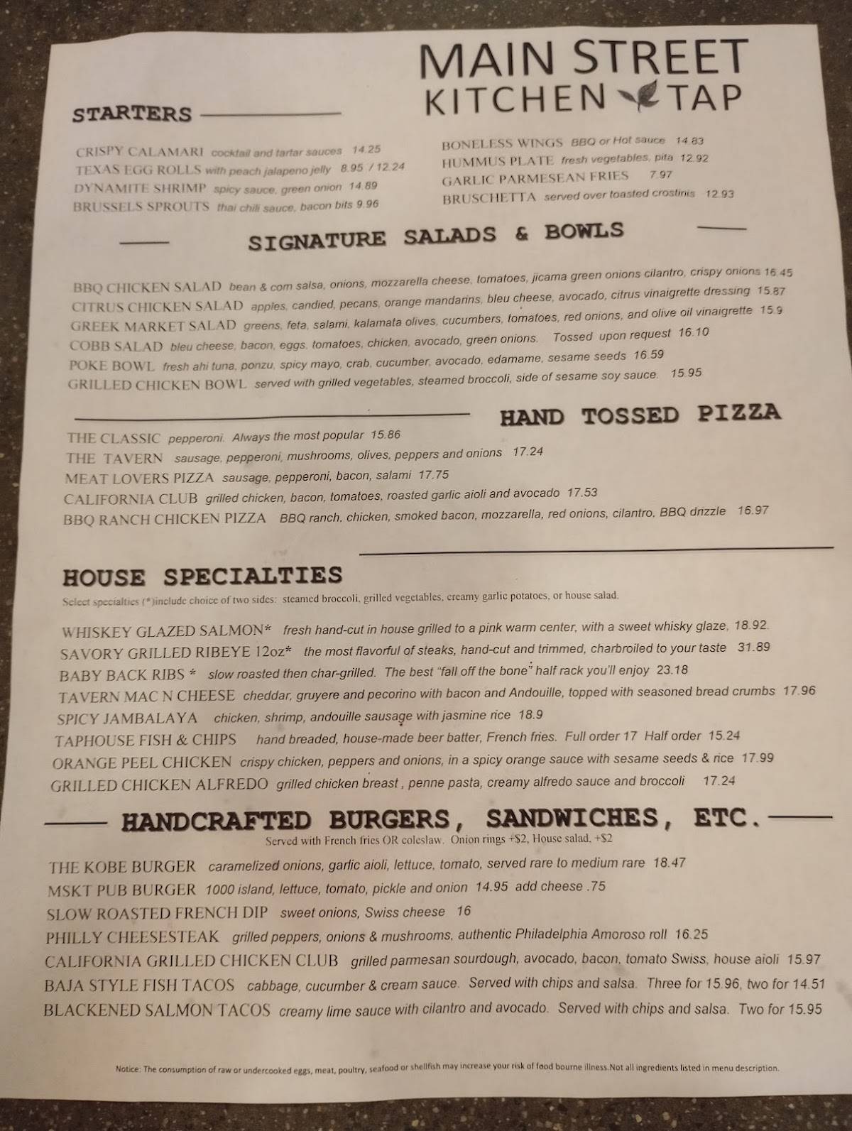 Menu at Main Street Kitchen & Tap pub & bar, Lake Elsinore