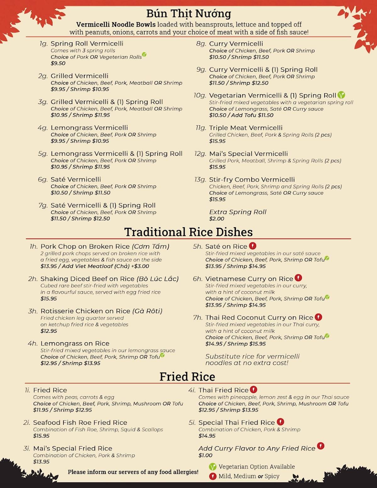 Menu at Mai's Kitchen Vietnamese Cuisine restaurant, Saskatoon
