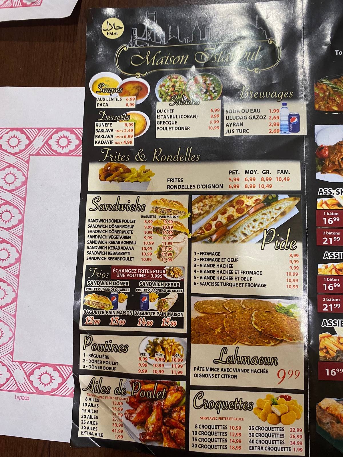 Menu au Maison istanbul restaurant, Longueuil, Ch. de Chambly