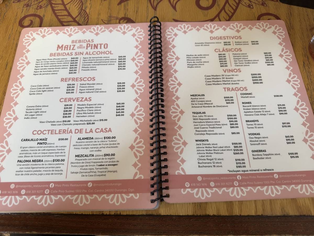 Menu at Maíz Pinto restaurant, Durango, C. Pino Suárez 1302