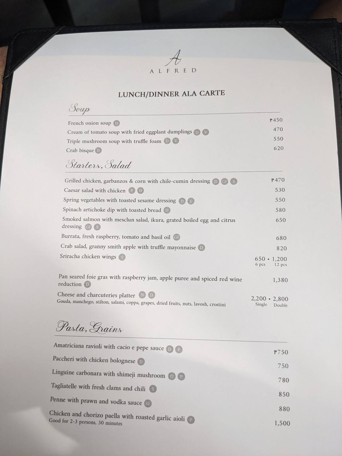 Menu at Alfred restaurant, Makati