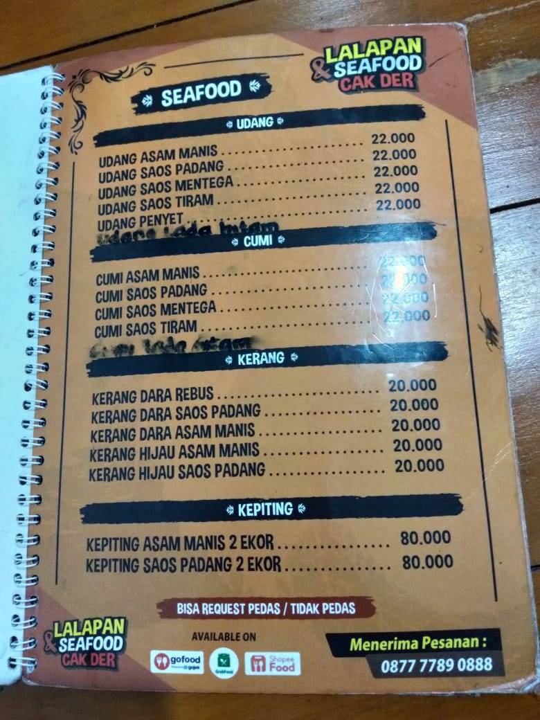 Carta de Cak Der seafood restaurant, Malang