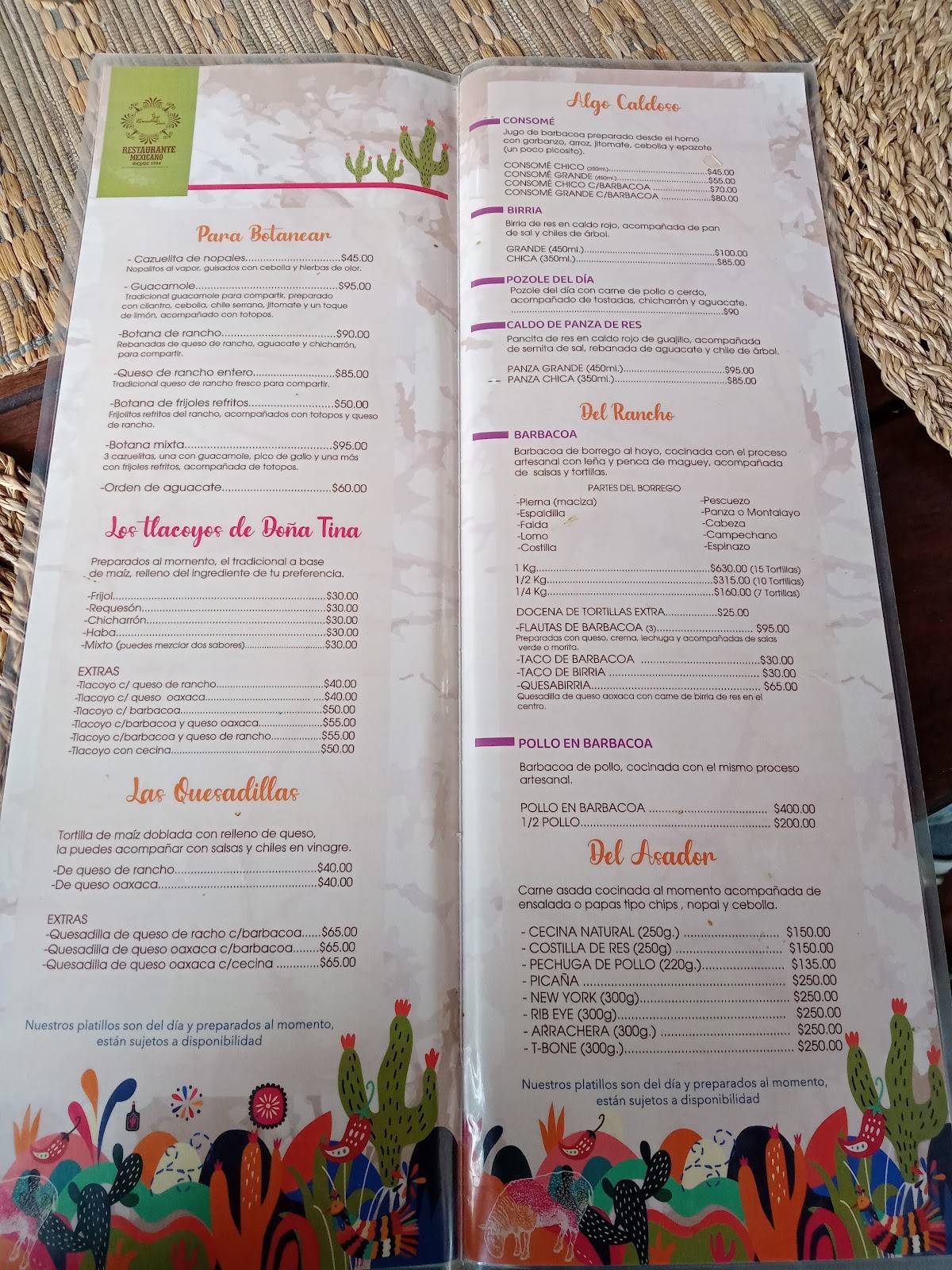 Carta del restaurante Rancho Seco, Malinalco