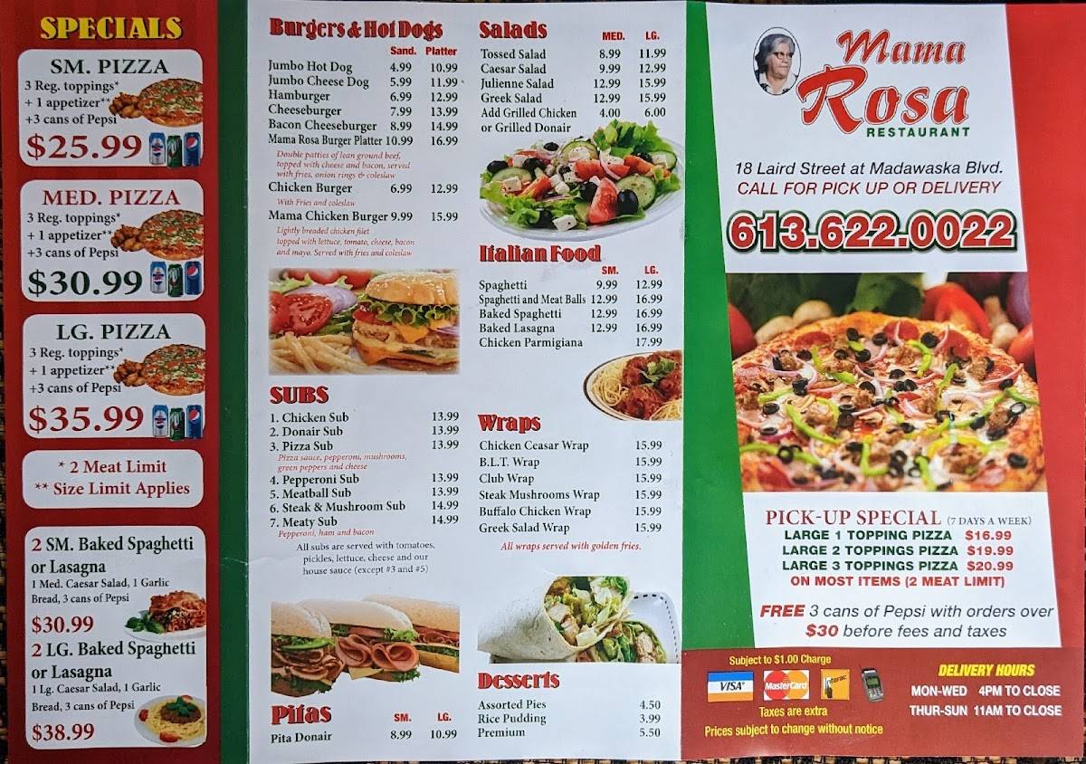Menu at Mama Rosa restaurant, Arnprior, 18 Laird St