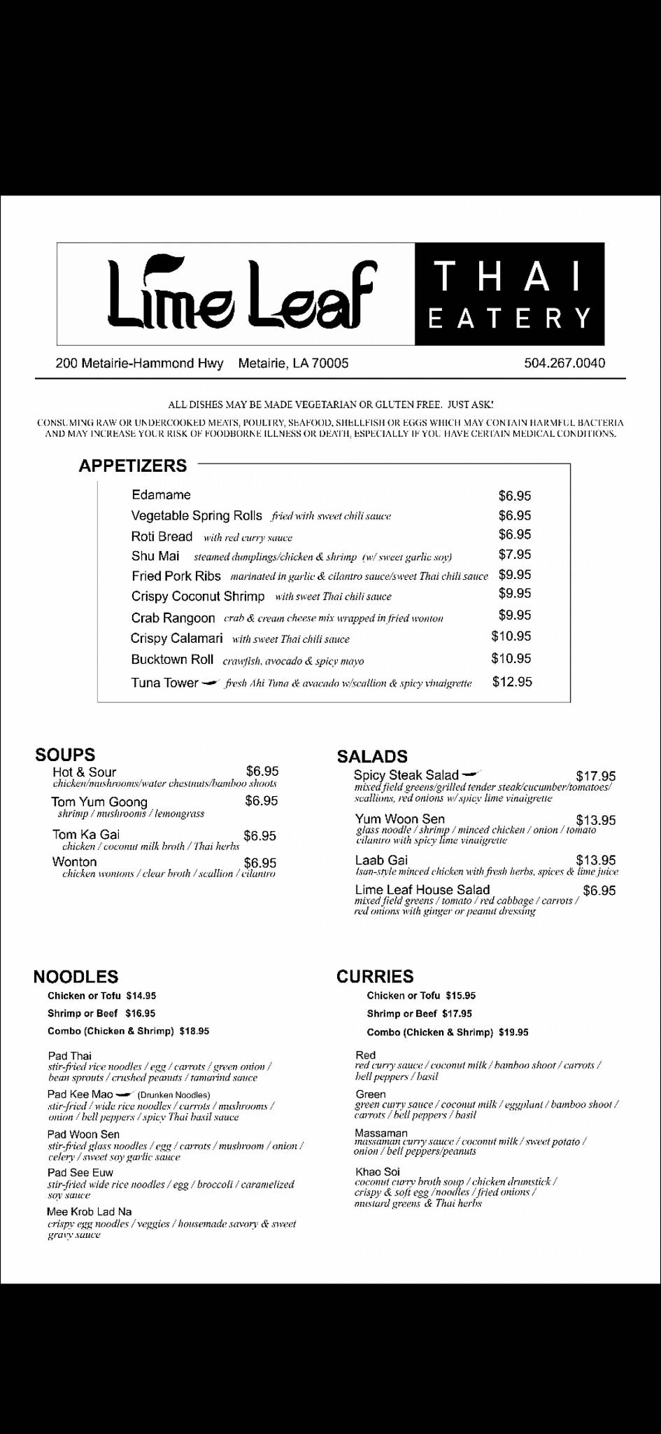 Menu at Lime Leaf Thai Eatery restaurant, Metairie