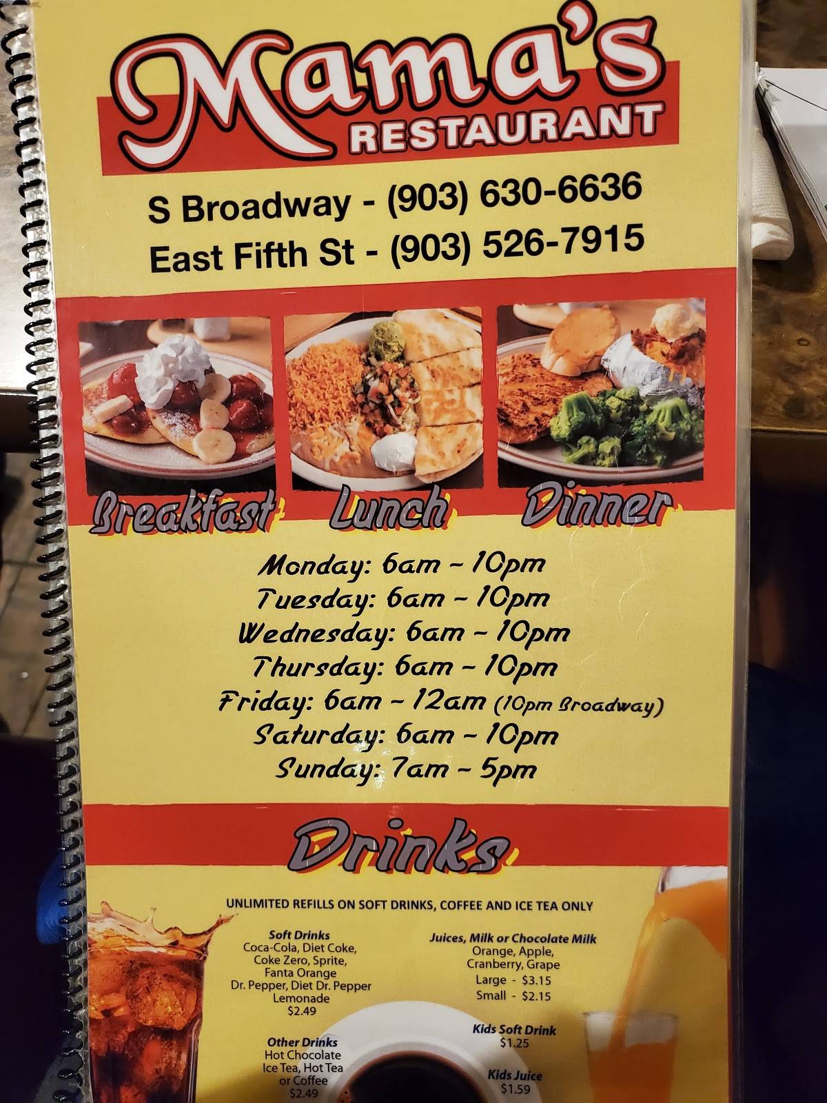 Menu at Mama's Restaurant, Tyler, E 5th St