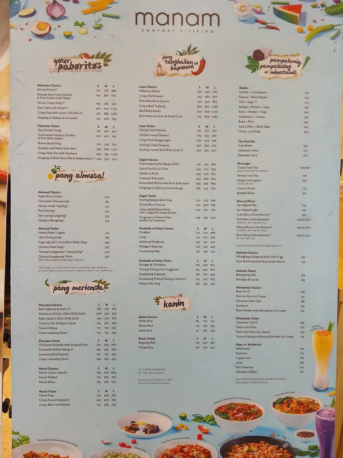 Carta del restaurante Manam SM Baguio, Baguio