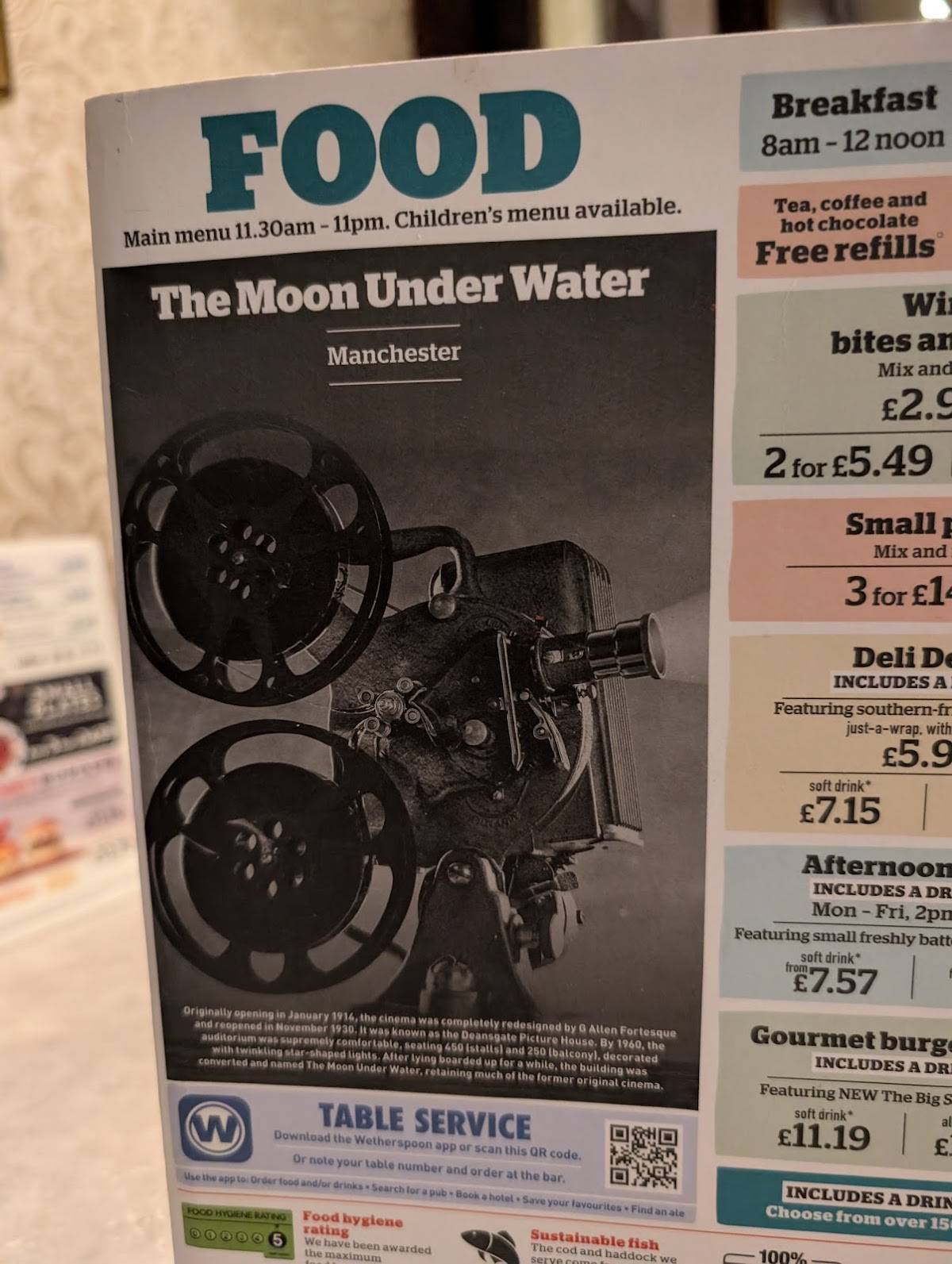 Menu at The Moon Under Water - JD Wetherspoon pub & bar, Manchester