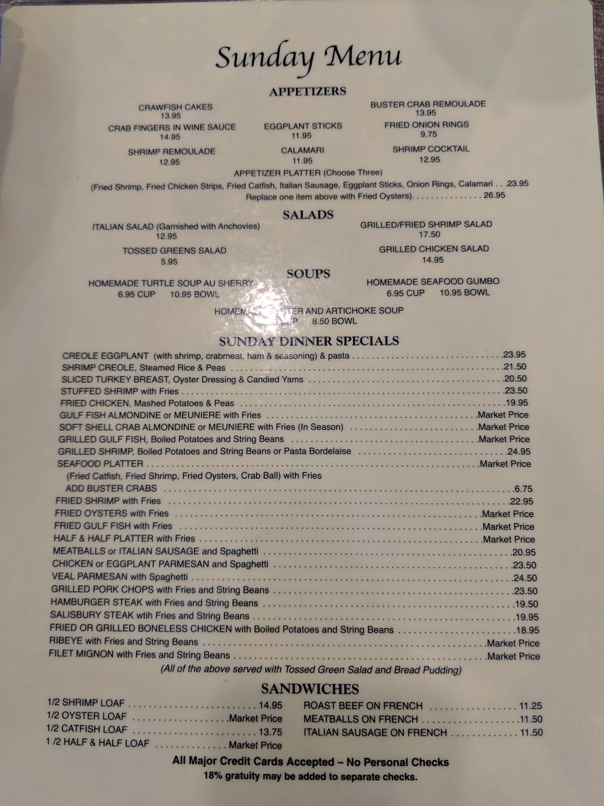 Menu at Mandina's Restaurant, New Orleans
