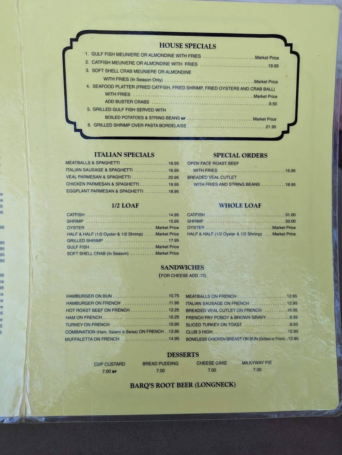 Menu at Mandina's Restaurant, New Orleans